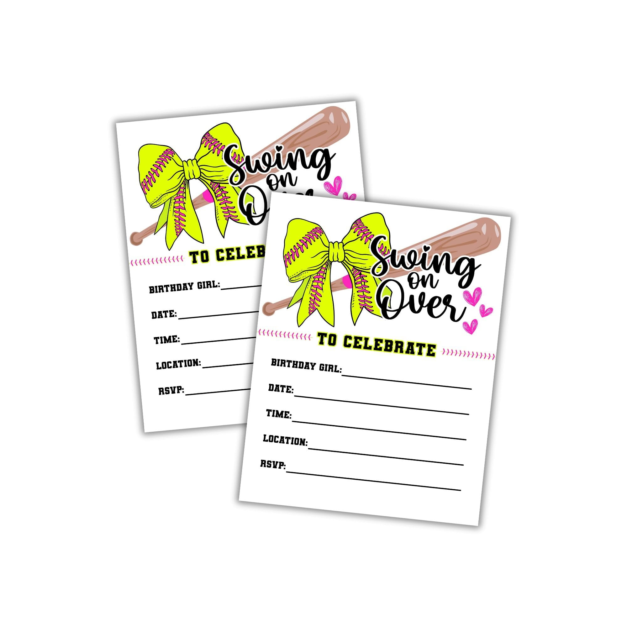 Softball Birthday Party Invitations Hairbows Girls 30pk 4.25x5.5 ...