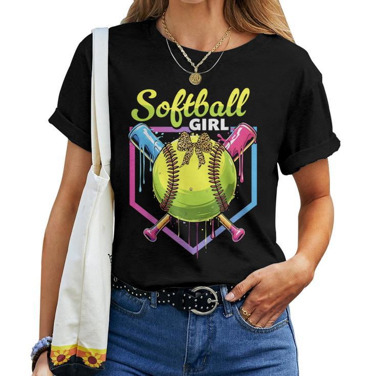 Softball Drip Girls Ice Cream Drip Youth Softball Girl Bow T-Shirt for ...