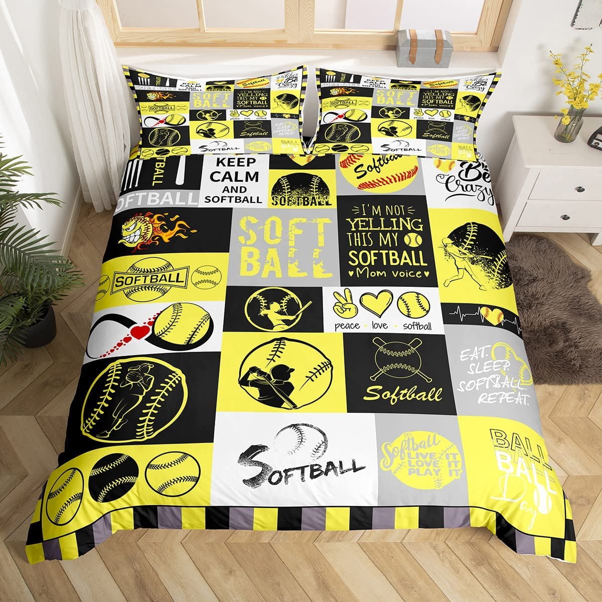 Softball Duvet Cover Sports Bedding Set Yellow and Black Grid Comforter ...