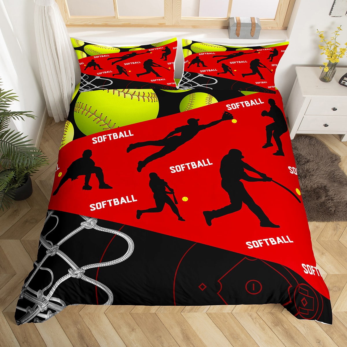 Softball Duvet Cover for Teens Youth,Red Black Yellow Softball Bedding ...