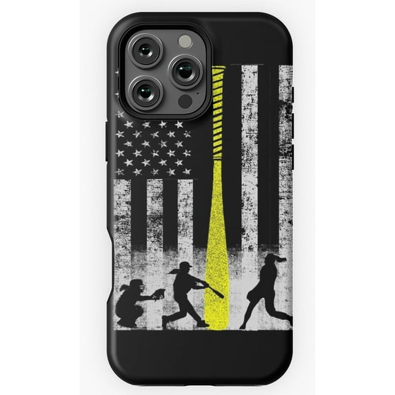 Softball Flag Yellow Bat Phone Case for iPhone 16 15 14 13 12 11 Pro ...