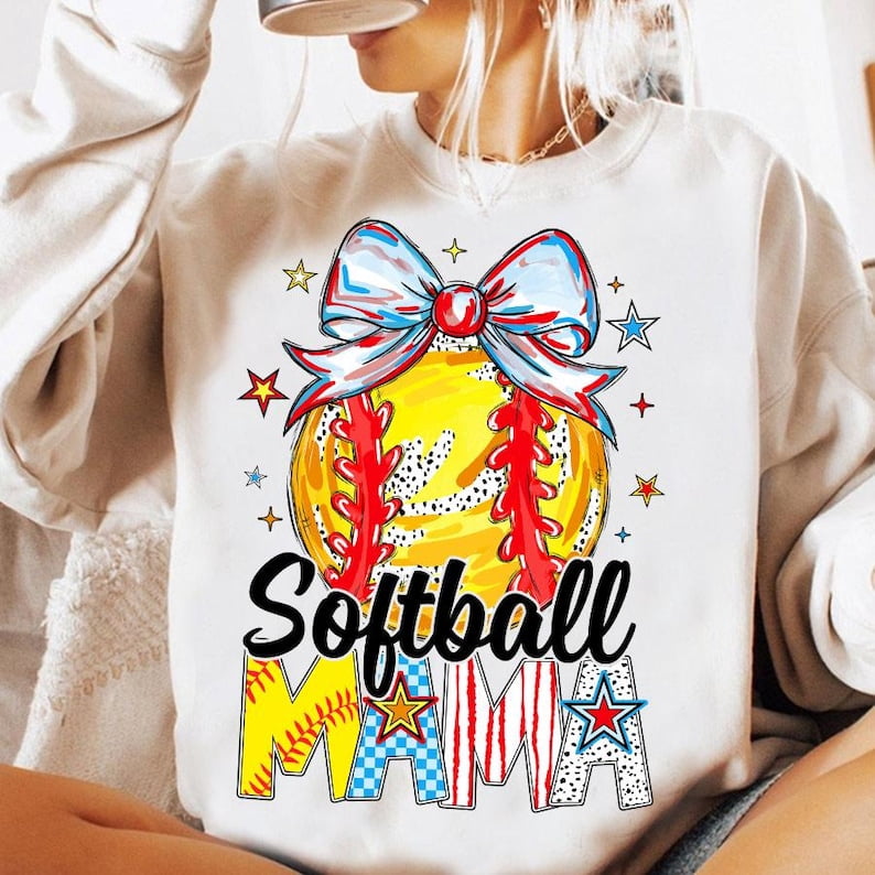 Softball Mama Coquette Sweater, Brushstroke Game Day Softball Bow Stars ...