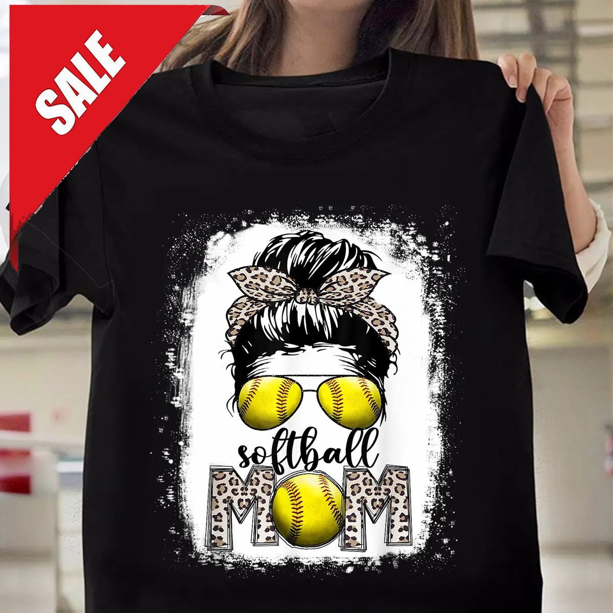 Softball Mom Shirt For Women Bleached Leopard Messy Bun Mother S Day