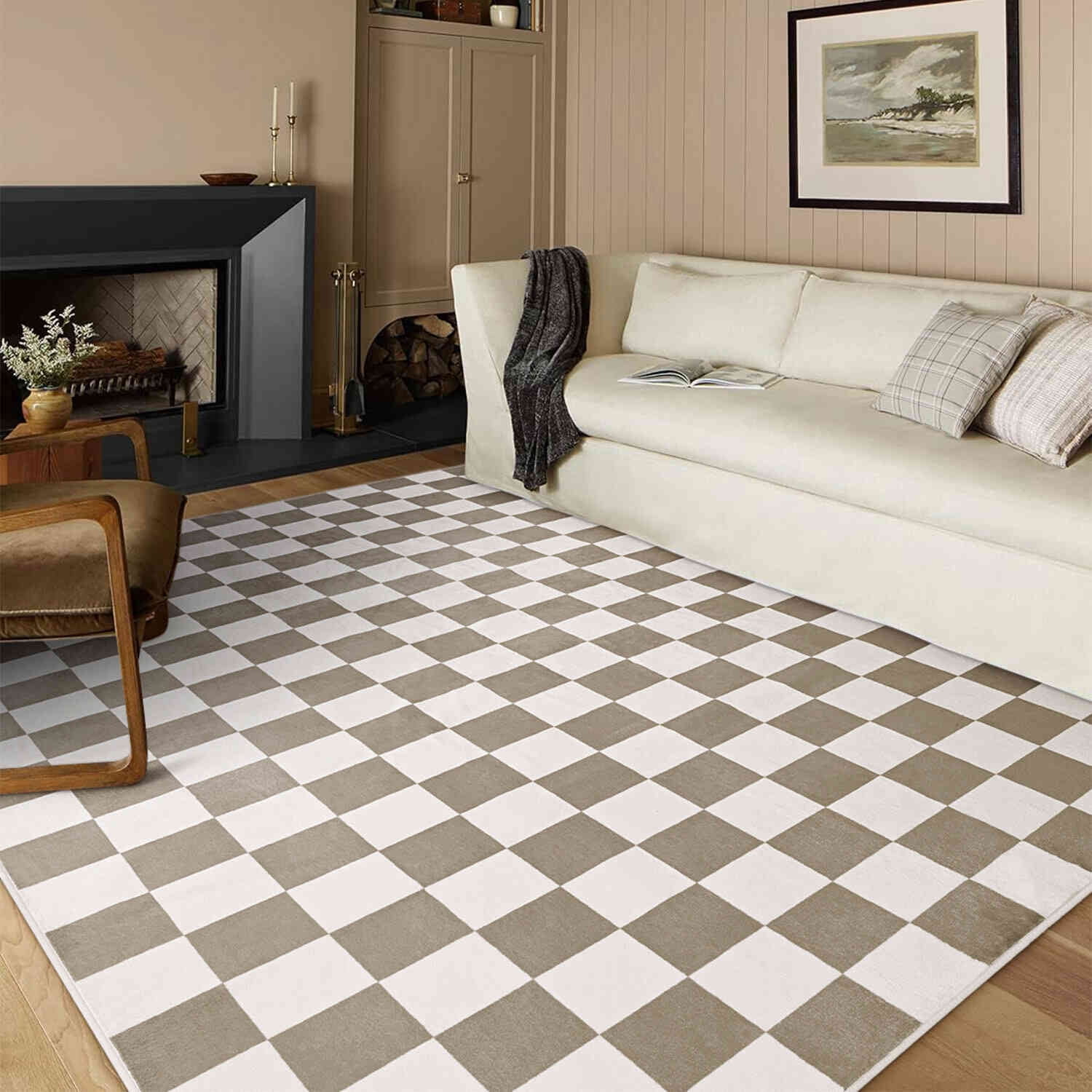 Softlife Classic Milk Flannel Checkered Rug for Living Room,5'x7',Camel ...