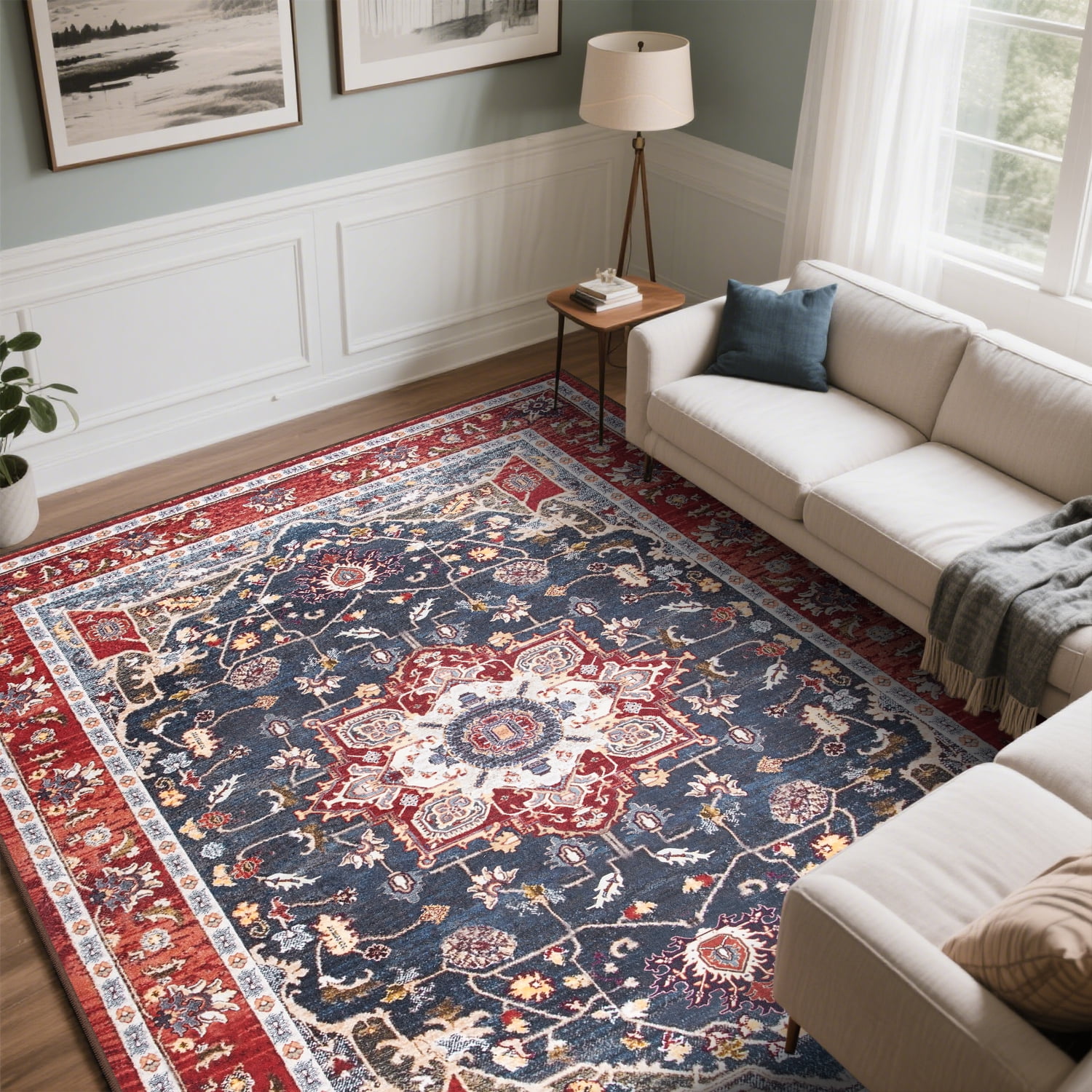Softlife Navy Blue Persian Medallion Area Rug Low Pile Non Slip ...