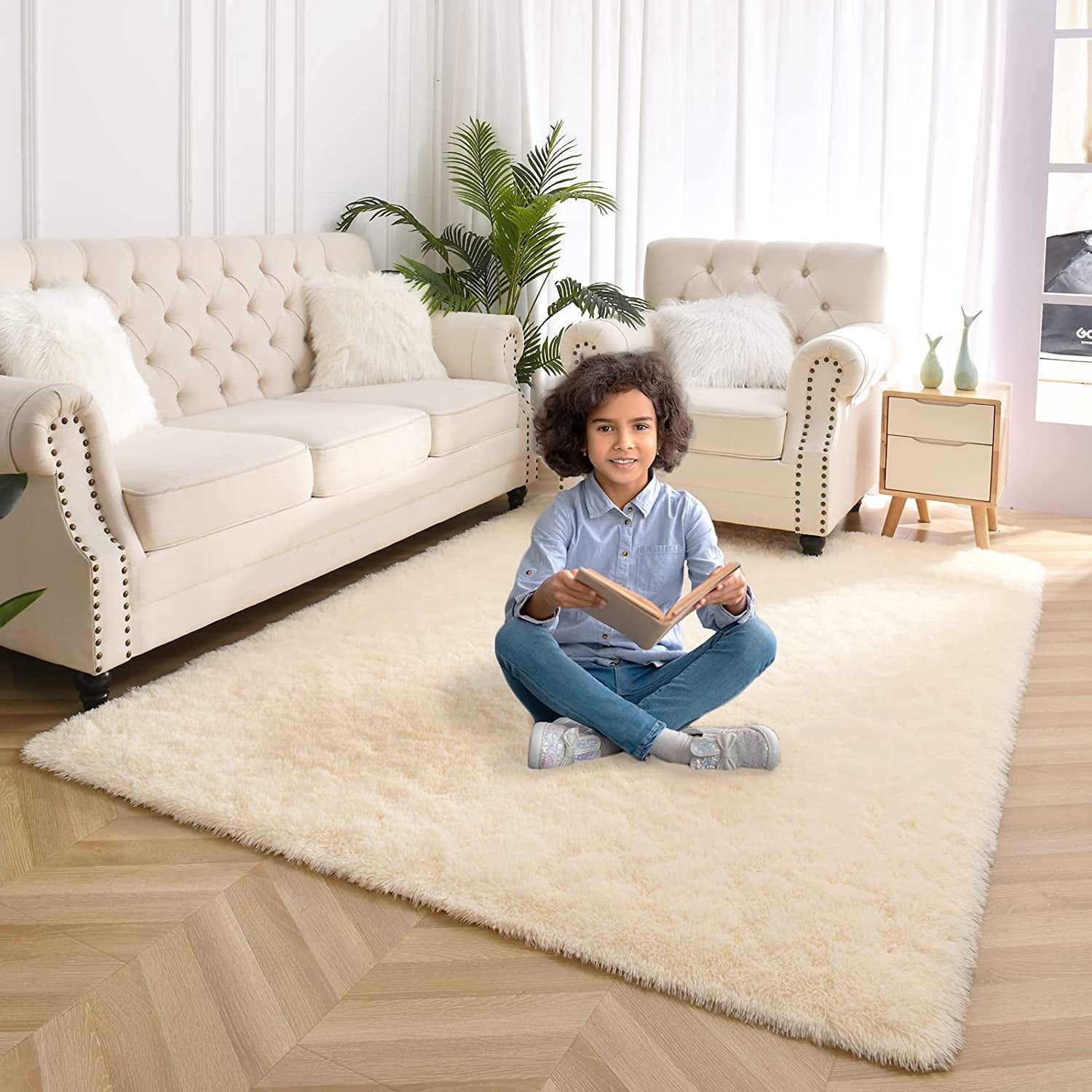 Softlife Super Soft Fluffy Velvet Area Rug, 5.3' x 7.5', Beige, Bedroom ...