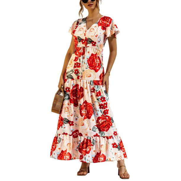 Softmallow Womens Empire Waist Floral Printed Tiered Maxi Dress