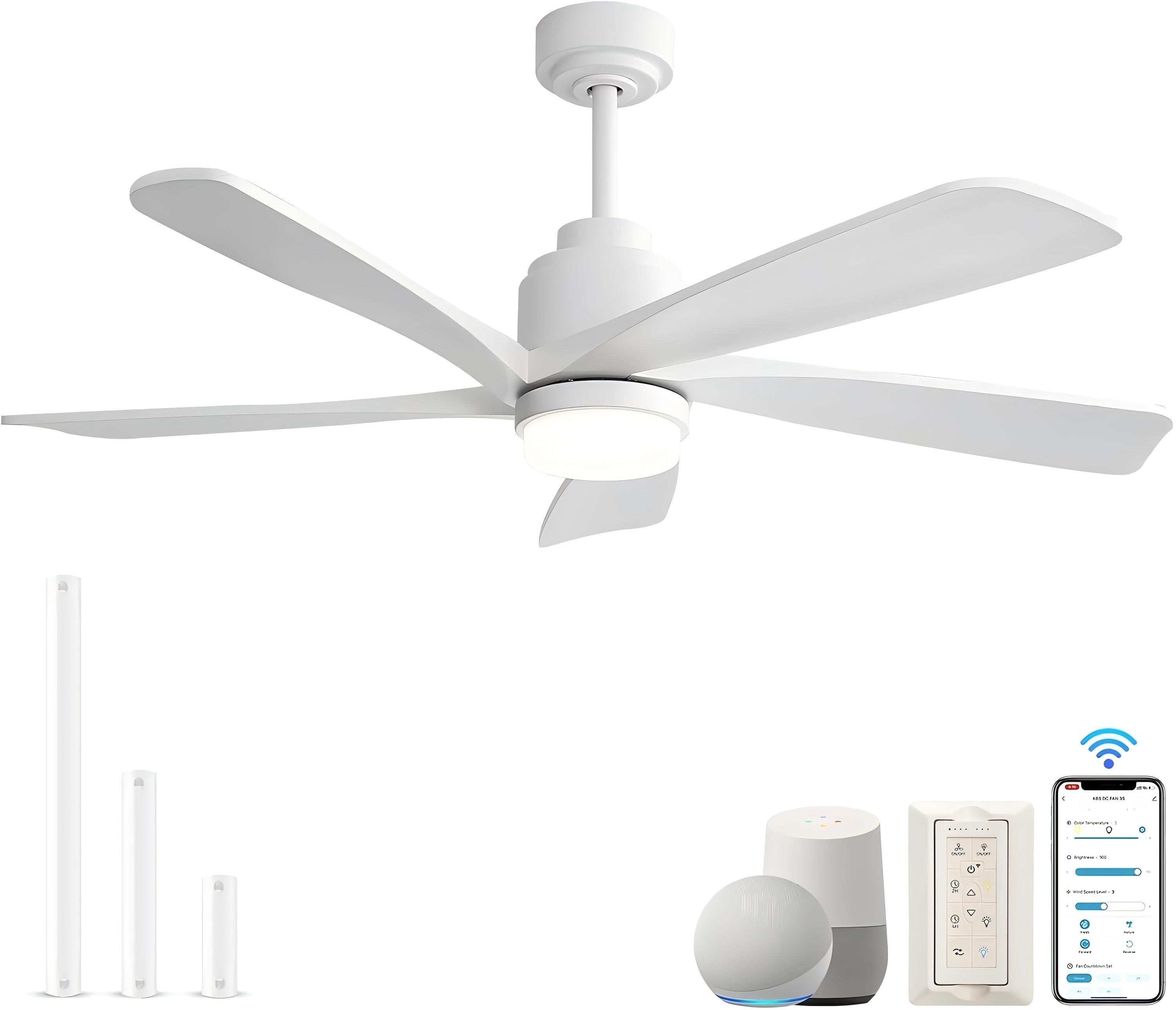 Sofucor 52-Inch White Wood Blade Ceiling Fan with LED Light and Remote ...