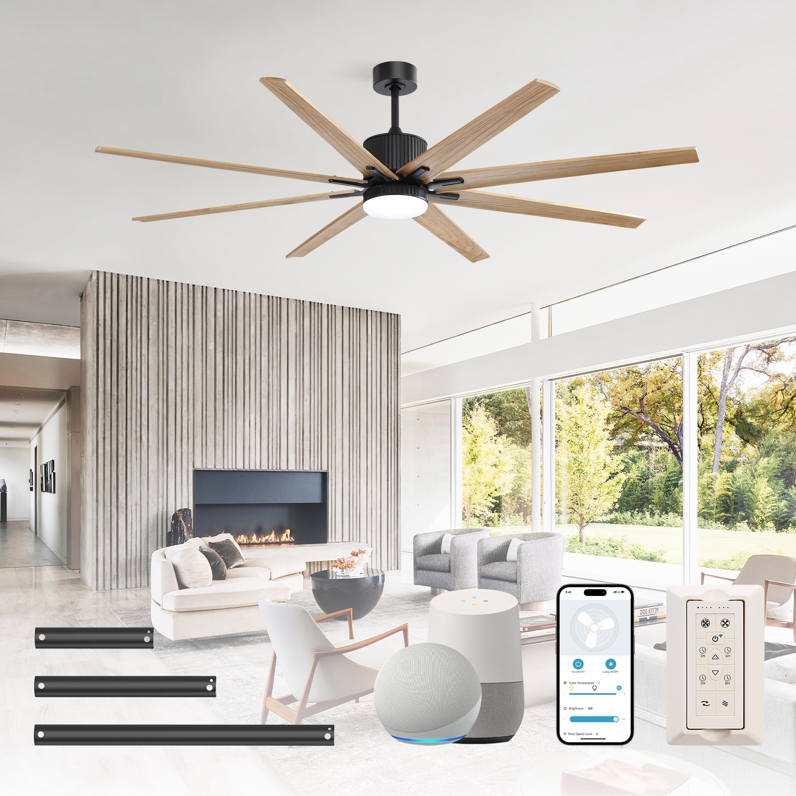 Sofucor 76 Inch Industrial Ceiling Fan with Light, 8 Blade, Remote, APP ...