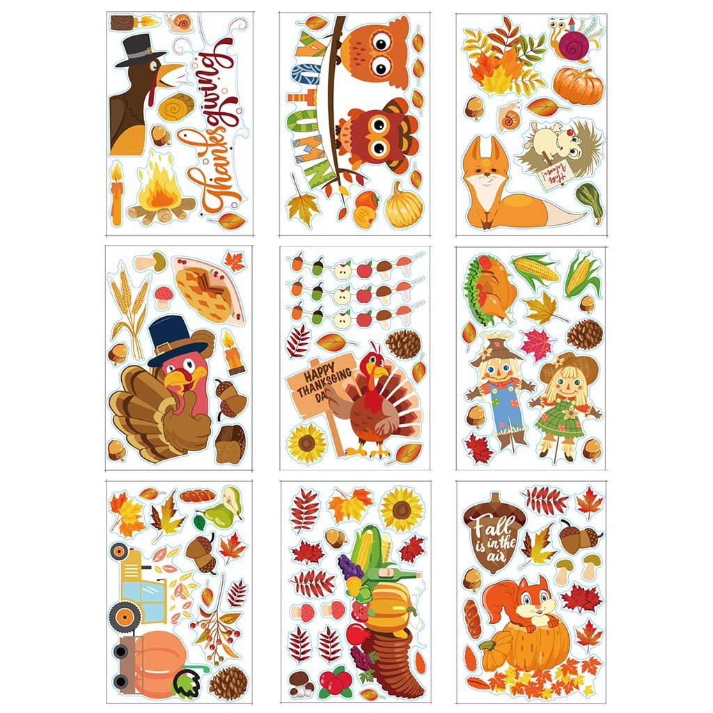 Sofullue 9 Sheet Fall Gnome Window Clings Autumn Turkey Pumpkin Glass ...
