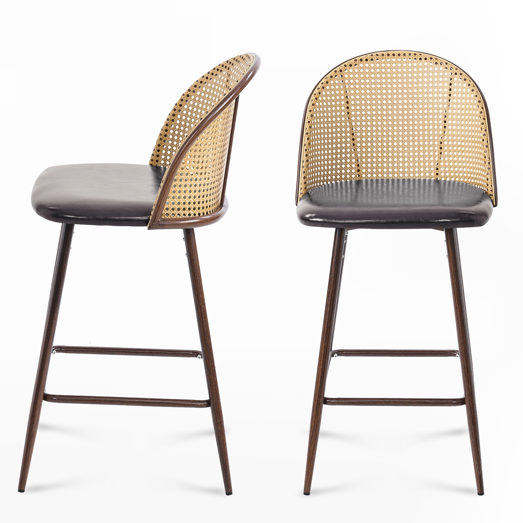 Soges 2pcs PU Leather Bar Stool with Rattan Back, Modern Counter Height ...