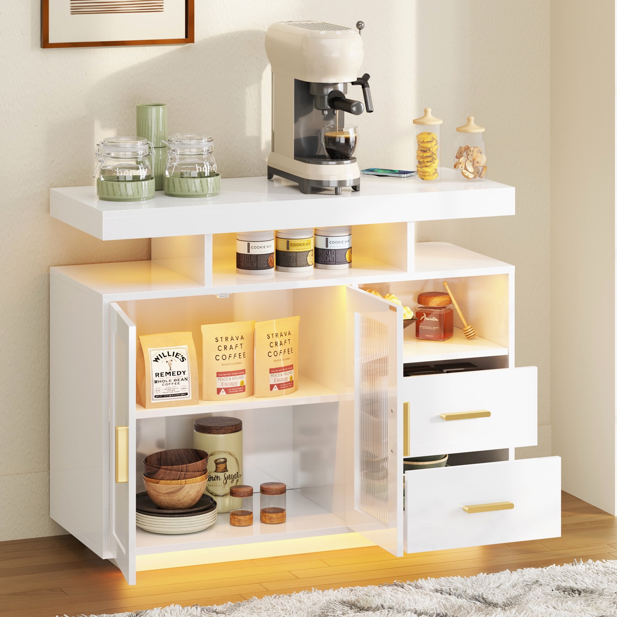 Soges 39.4" LED Buffet Cabinet With Charging Station, Modern Sideboard ...