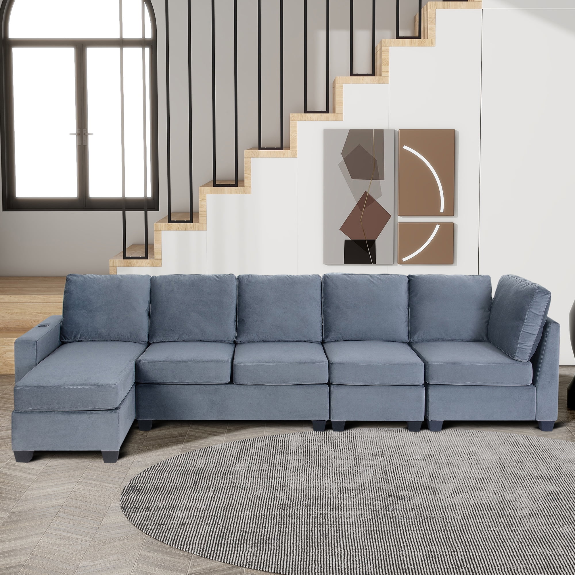 Soges 6 Seat L shape Sectional Sofa, Modern Velvet Fabric Couch with ...