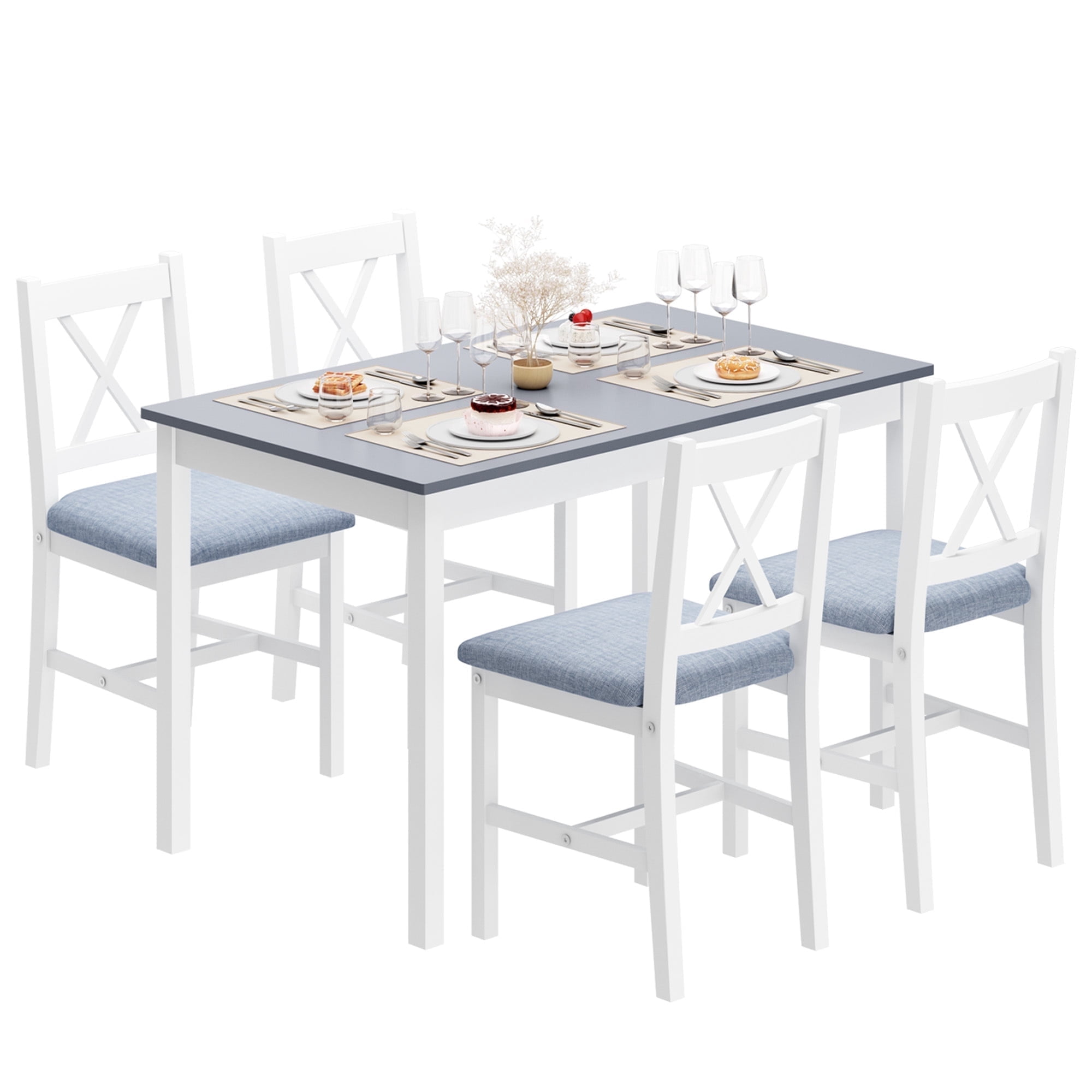 Soges Dining Table Set for 4, Pine Wood Kitchen Table Set, 4 linen ...