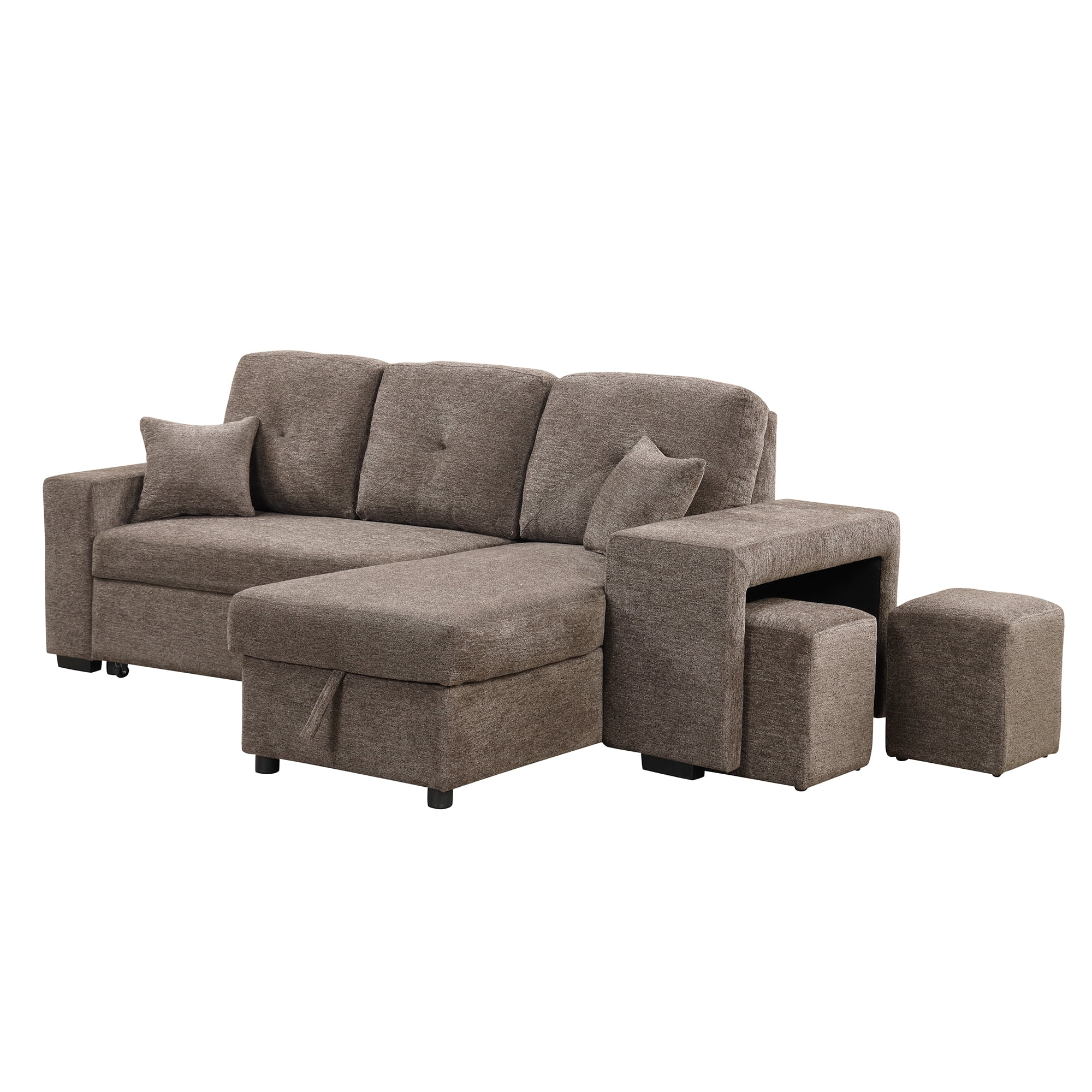 Soges L-Shaped Sectional Sofa Bed with Side Shelf and 2 Stools ...