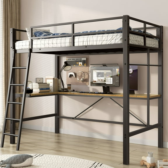 All-in-One Twin Metal Loft Bed: Features Built-in L-Shaped Desk ...