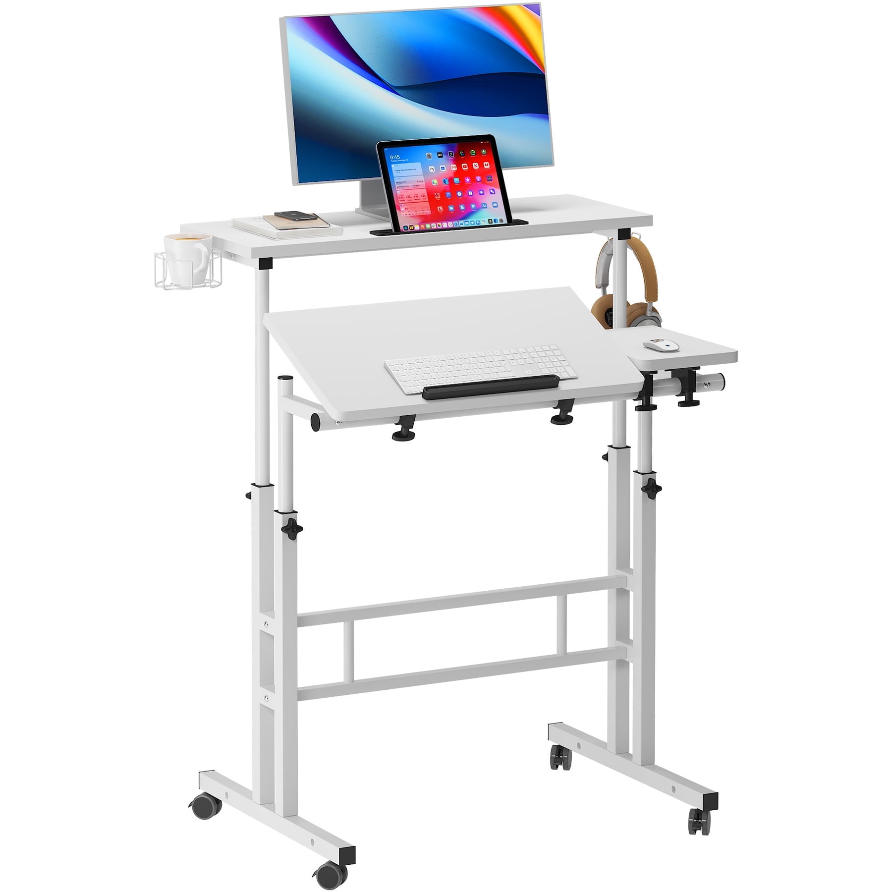 Soges Mobile Standing Desk with Cup Holder and Hooks, Portable Stand Up ...