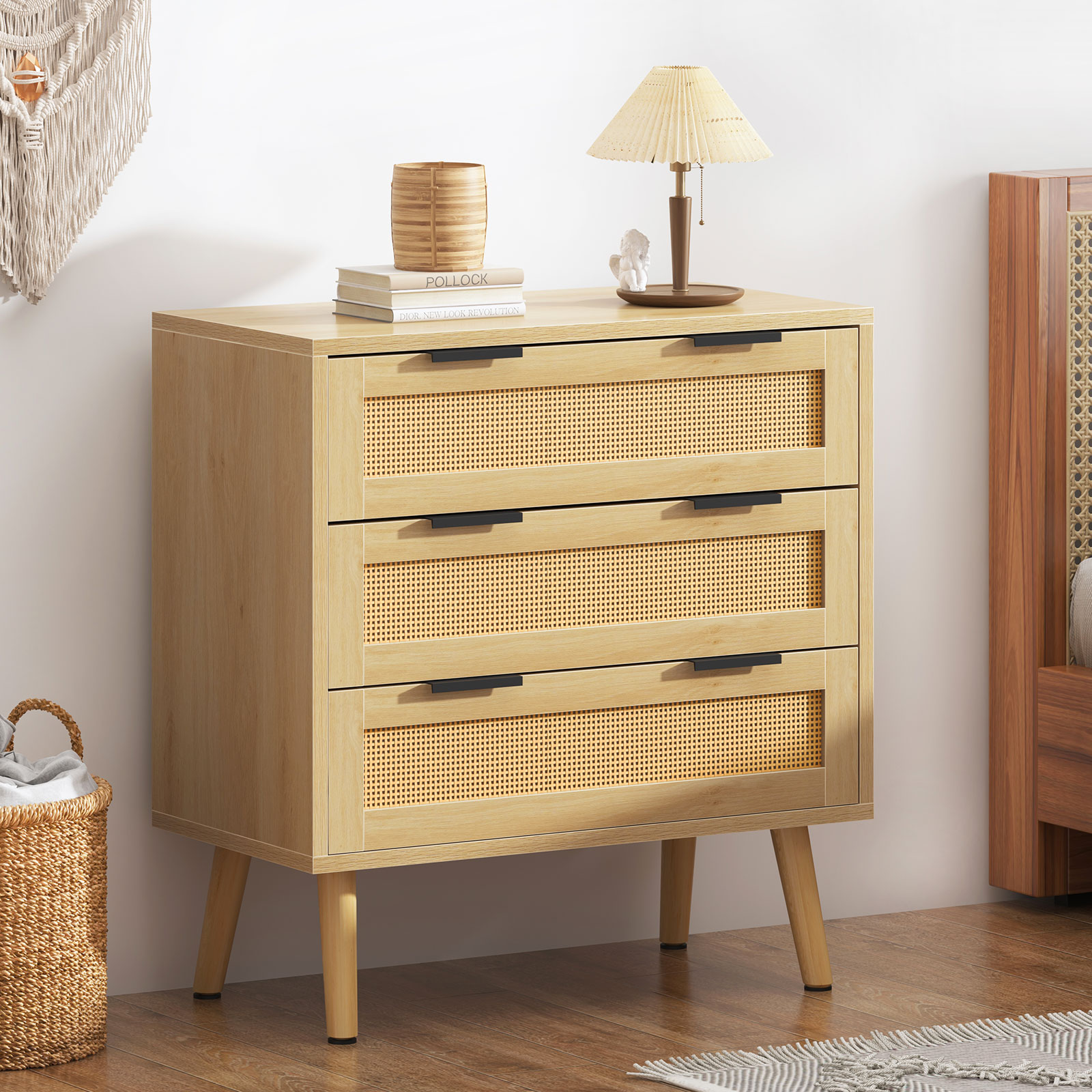 Soges Modern Design Pine Leg Side Cabinet, 3-layer Rattan Drawer Board ...