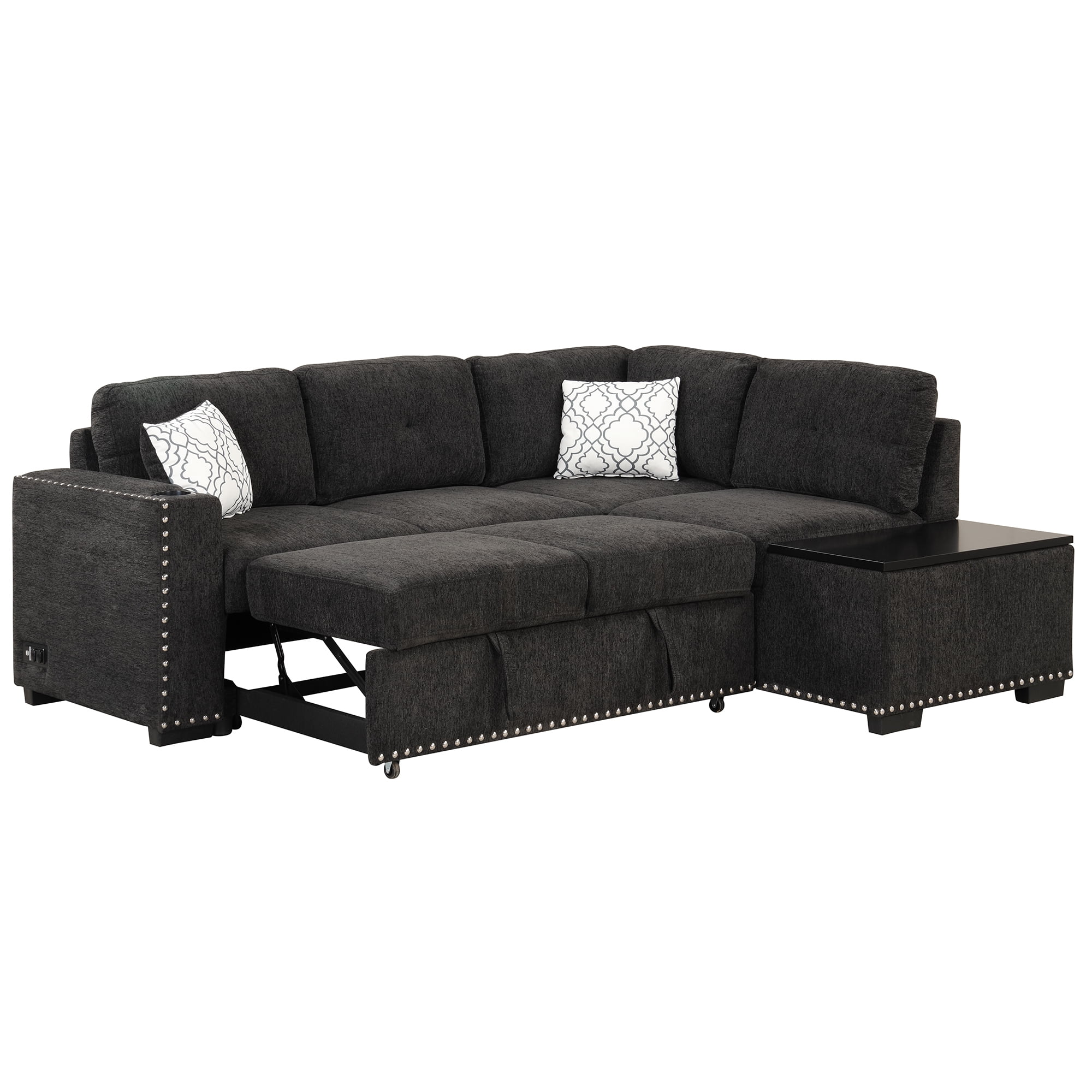 Soges L-Shaped Sofa Bed with Storage, USB Ports, Power Sockets & Cup Holder, Black - Walmart.com