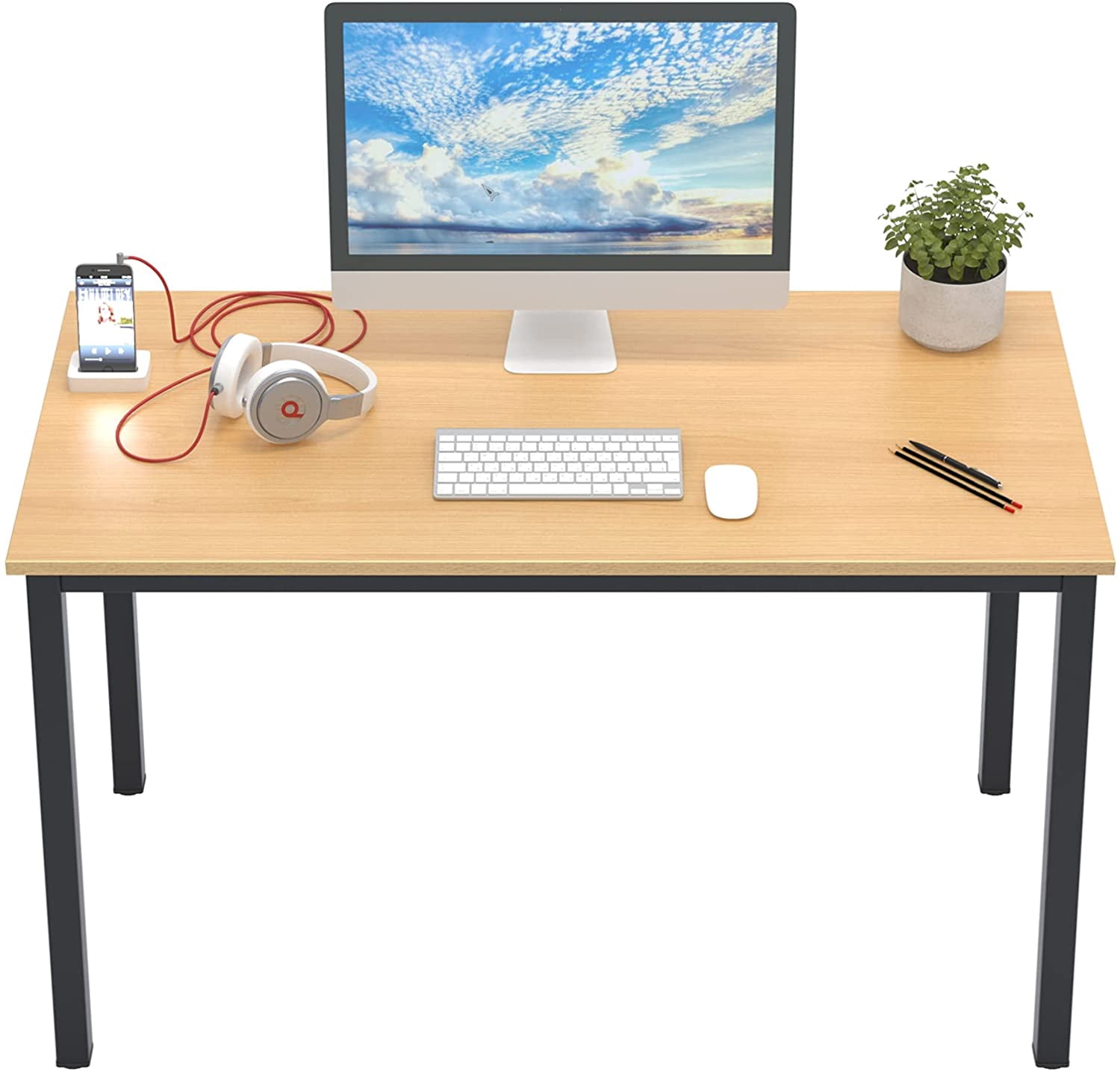 SogesPower 29.5"H Rectangle Computer Desk, Solid Wood Desk- Teak Black ...
