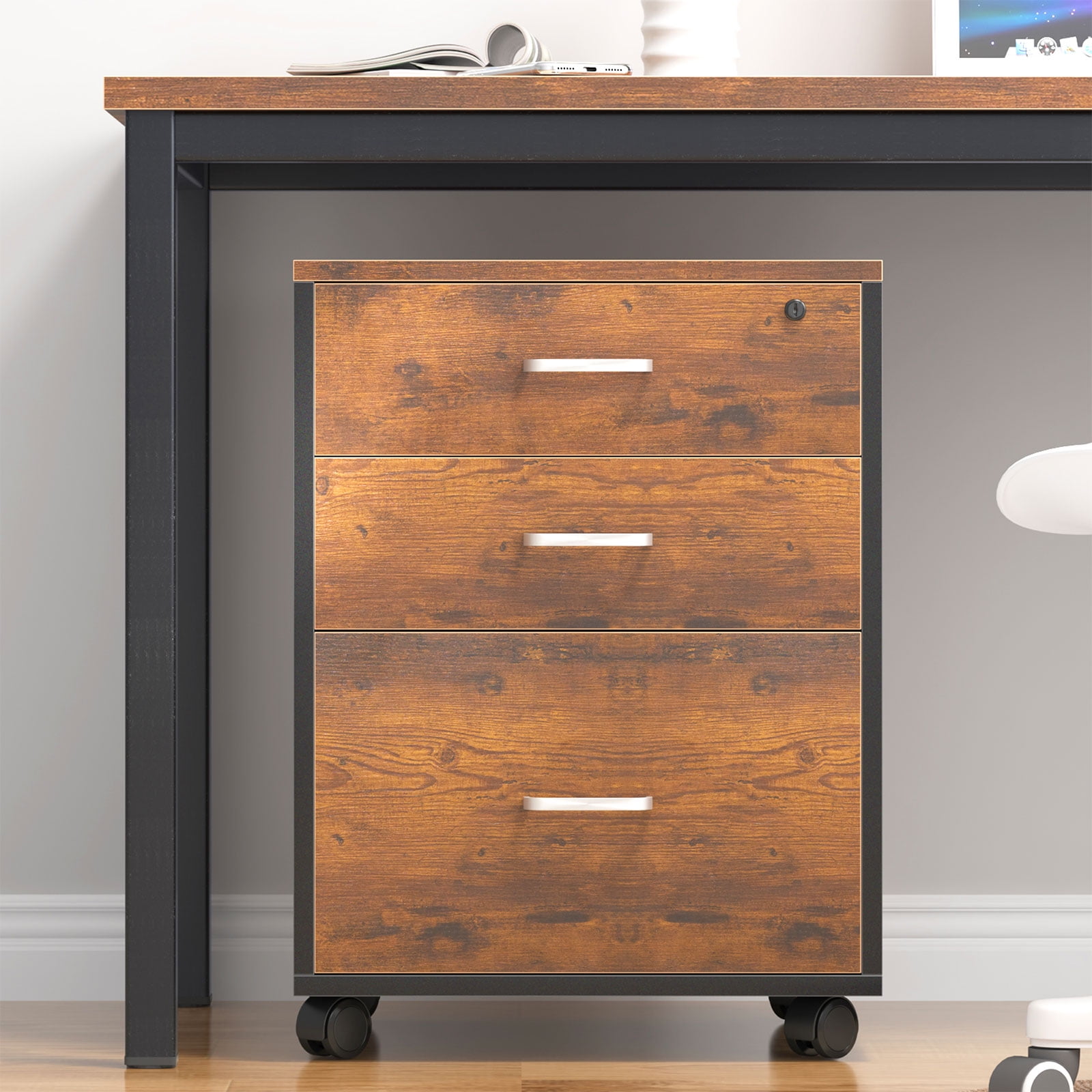 SogesPower Portable 3-Drawers Wood File Cabinet with Lock, Rolling ...