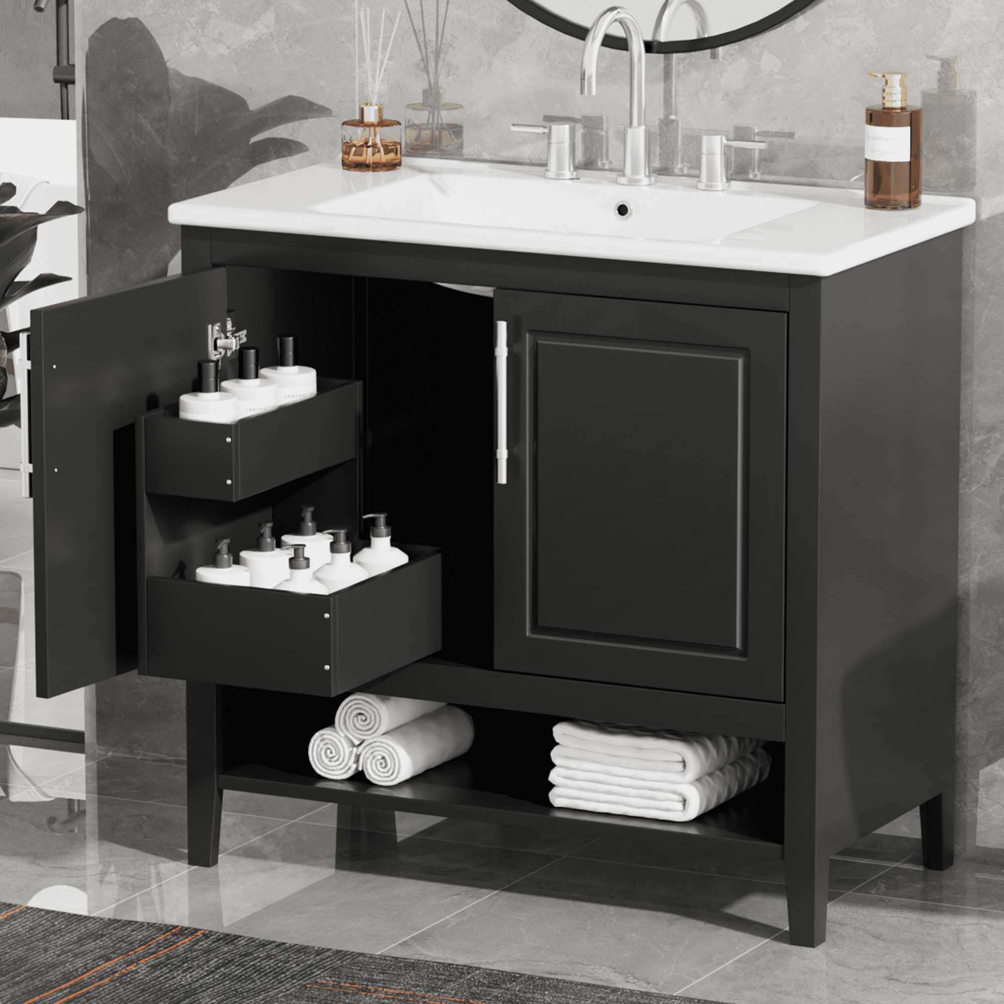 SogesPower 36" Bathroom Vanity with Ceramic Sink, Solid Wood Bathroom ...