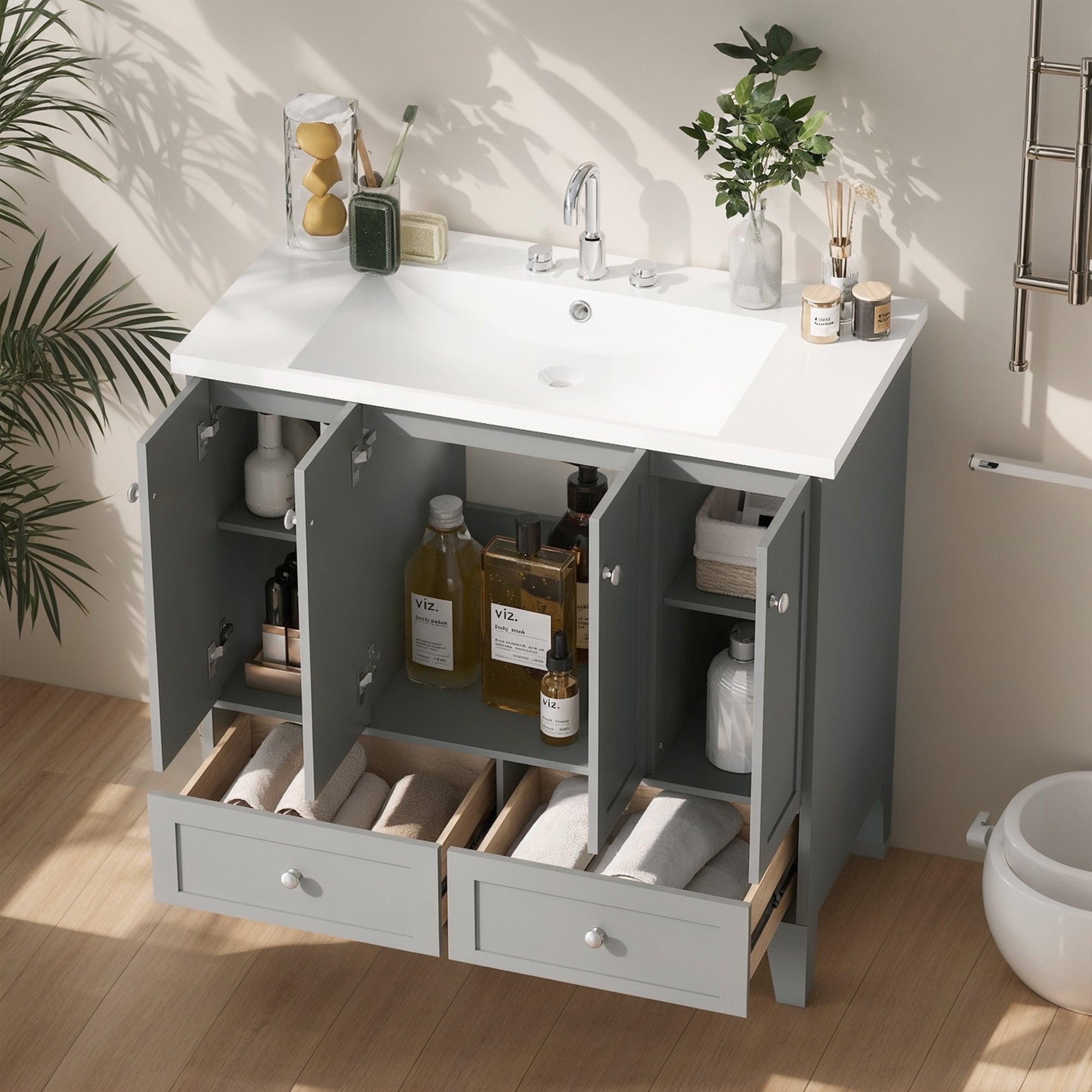 SogesPower 36" Bathroom Vanity with Resin Sink, Solid Wood Bathroom ...