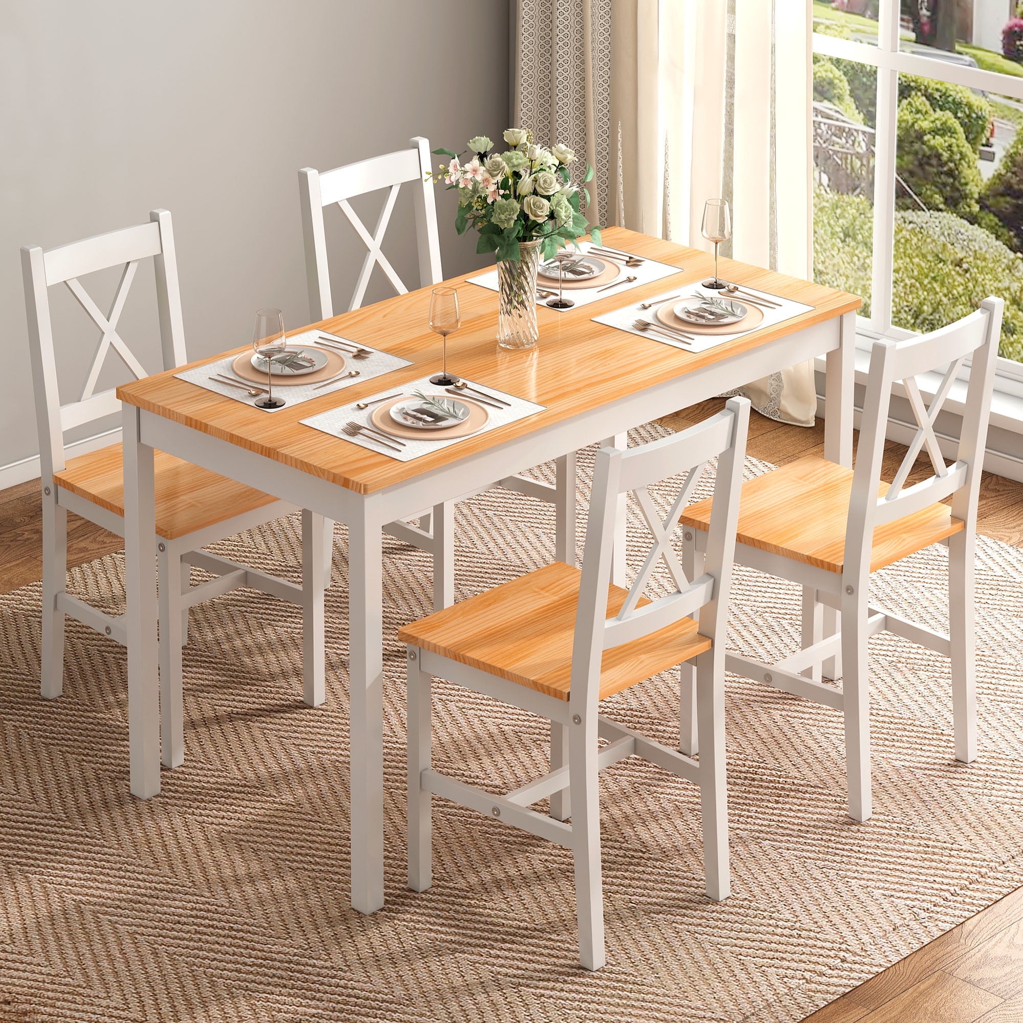 SogesPower 5-Piece Versatile Dining Table Set, Solid Pine Wood, Easy ...