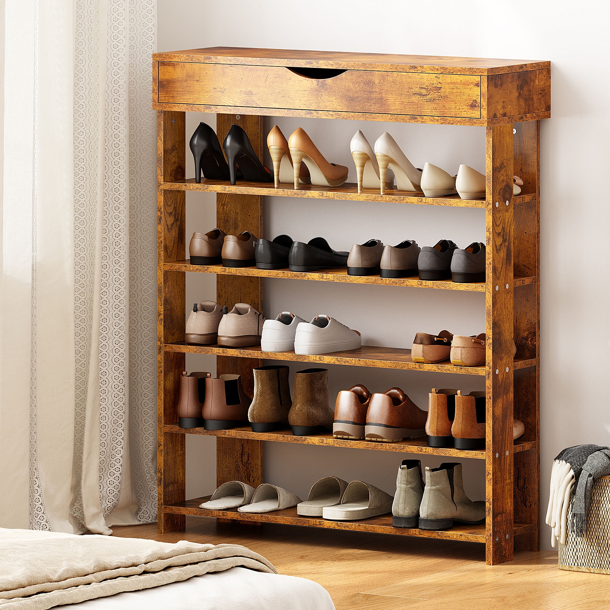 SogesPower Compact 5-Tier Wooden Shoe Rack for Entryway Storage ...