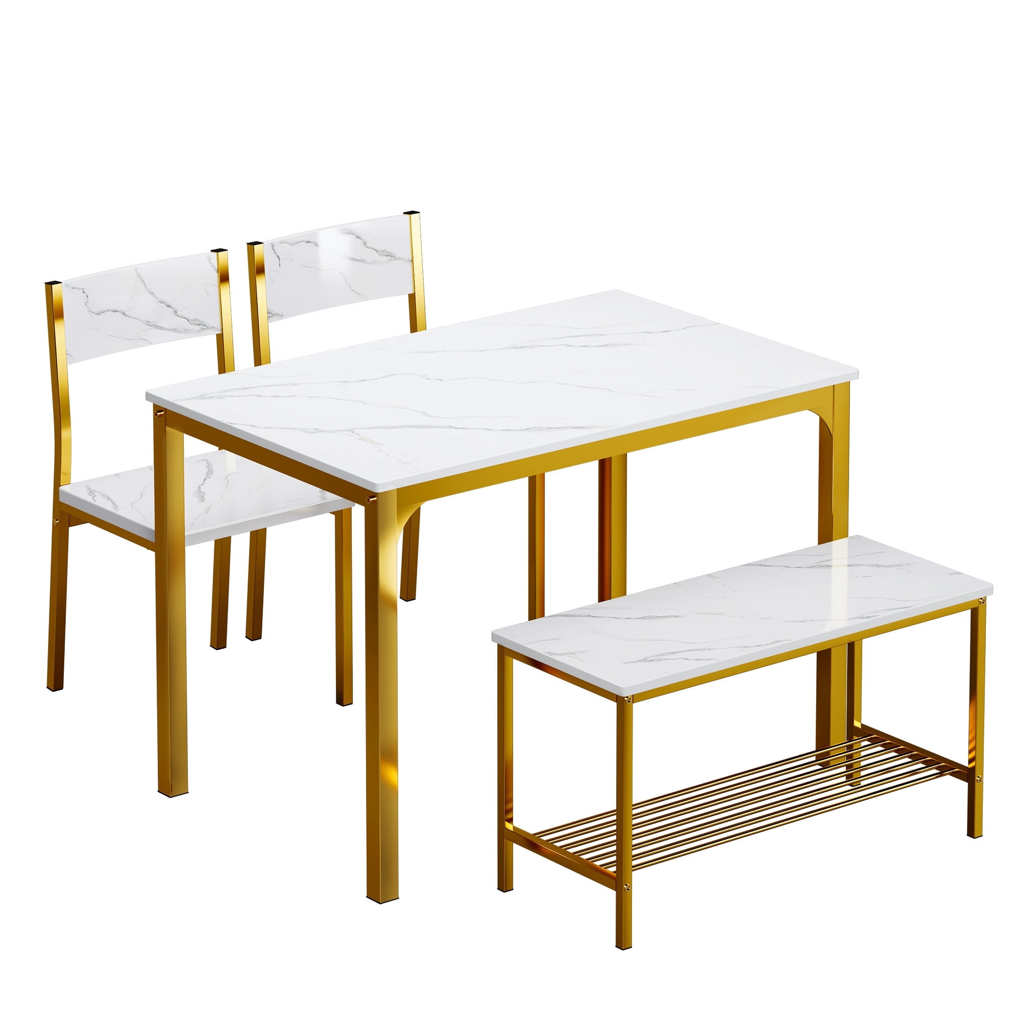 SogesPower 4 Pieces Contemporary Wood, Iron Dining Table Set Gold/White ...
