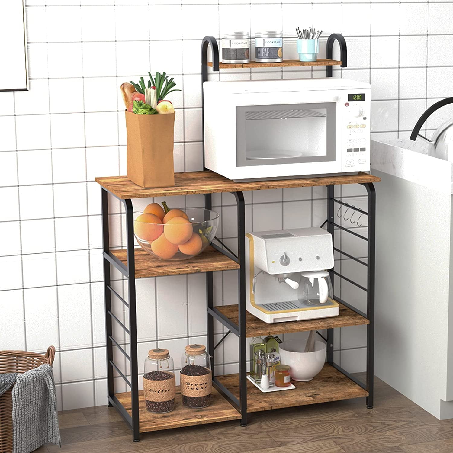 SogesPower Kitchen Island 4-Tier Storage Shelf with Hooks Microwave ...
