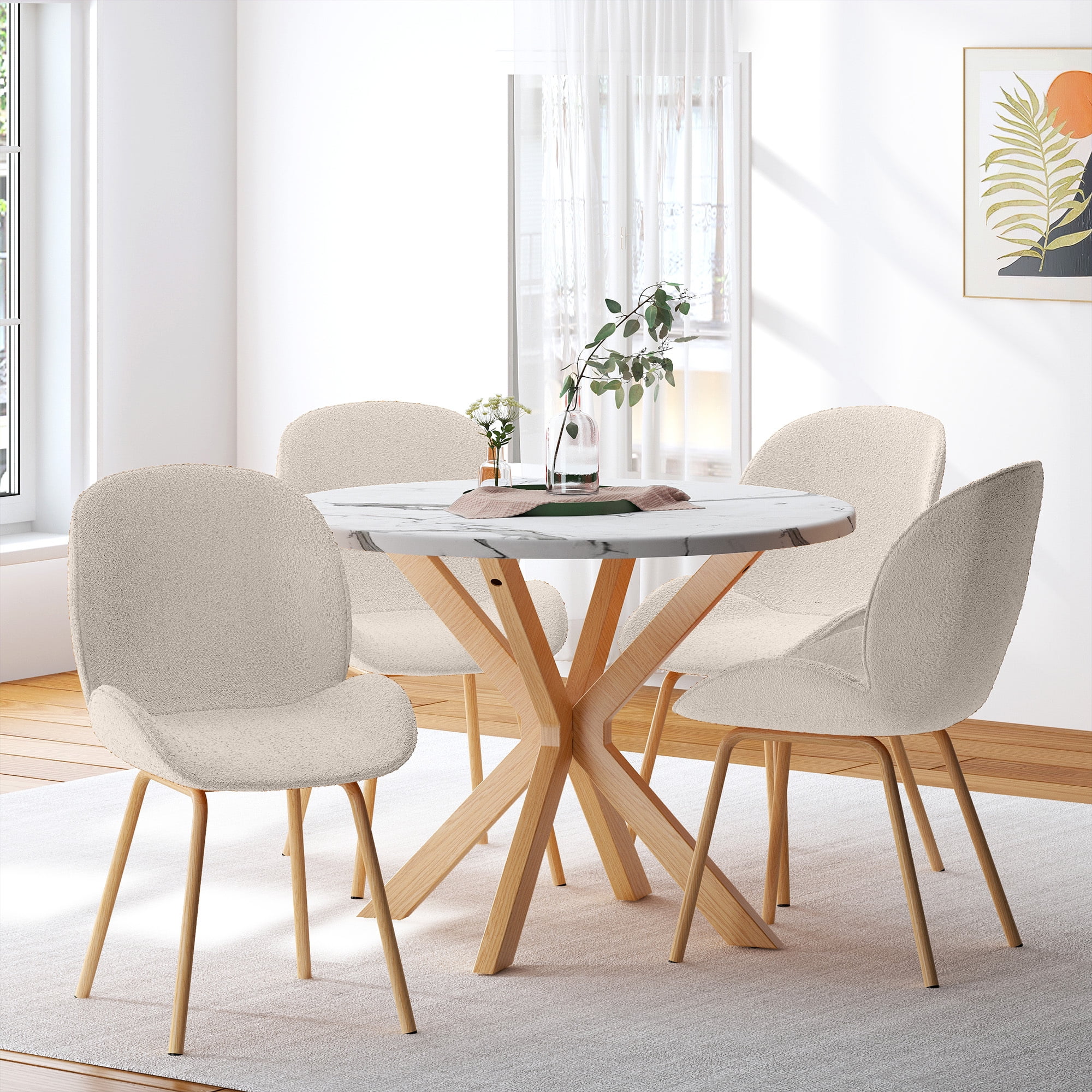 SogesPower Stylish Round Dining Table and Chair Set with Walnut Legs (1 ...