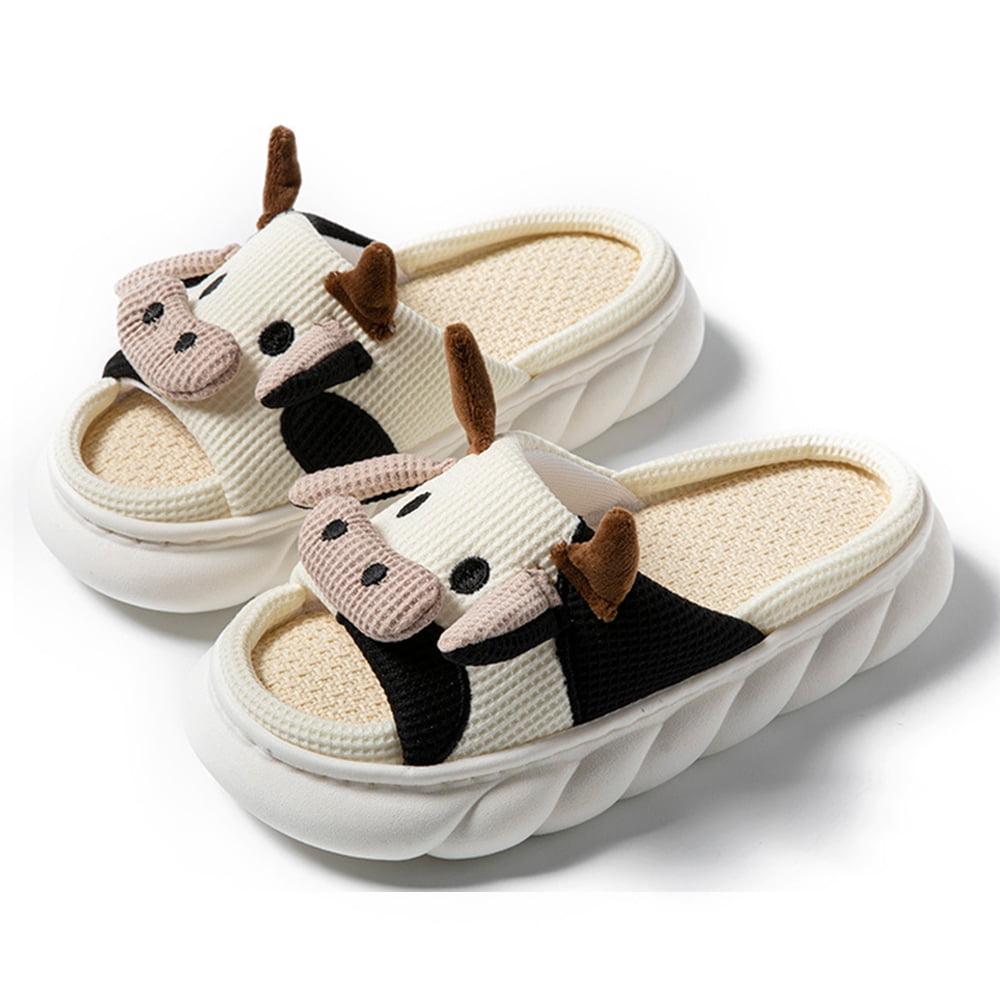 Sogetch Cartoon Cow Slippers for Men Women Soft Four Seasons Linen ...