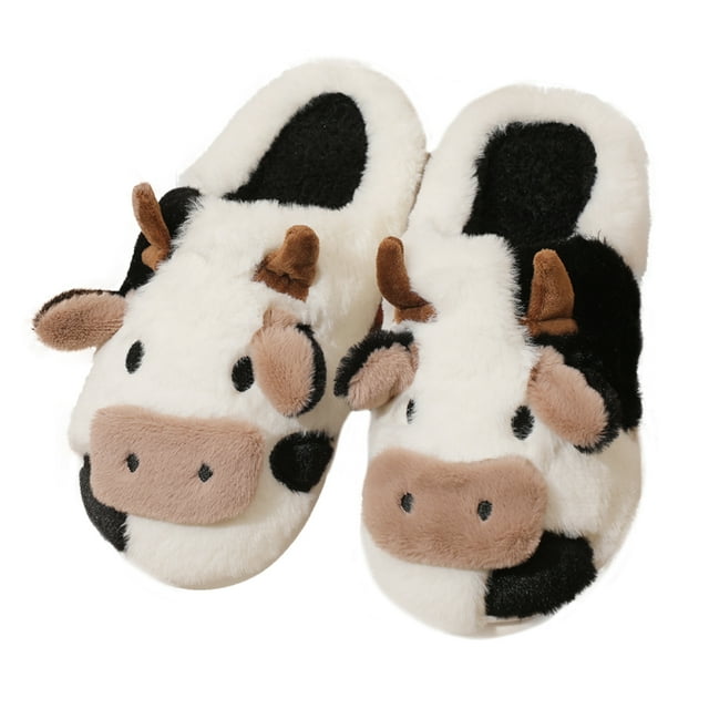 Sogetch Cartoon Cow Slippers for Men Women Soft Warm Slip-on Fuzzy ...