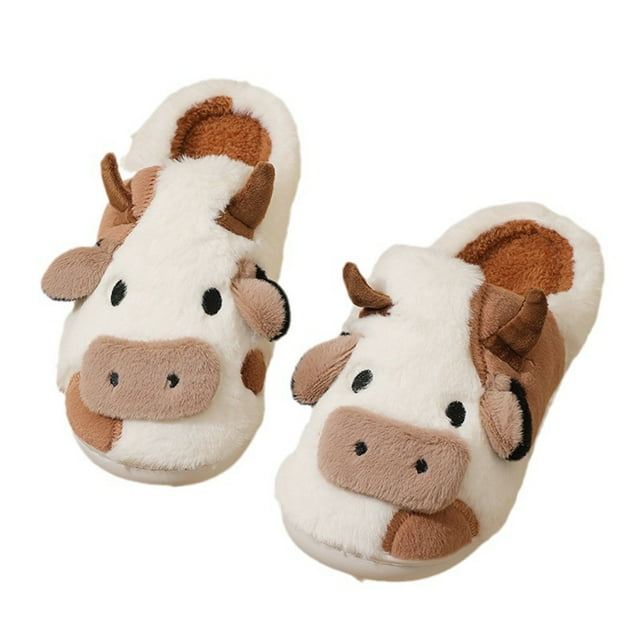 Sogetch Cartoon Cow Slippers for Men Women Soft Warm Slip-on Fuzzy ...