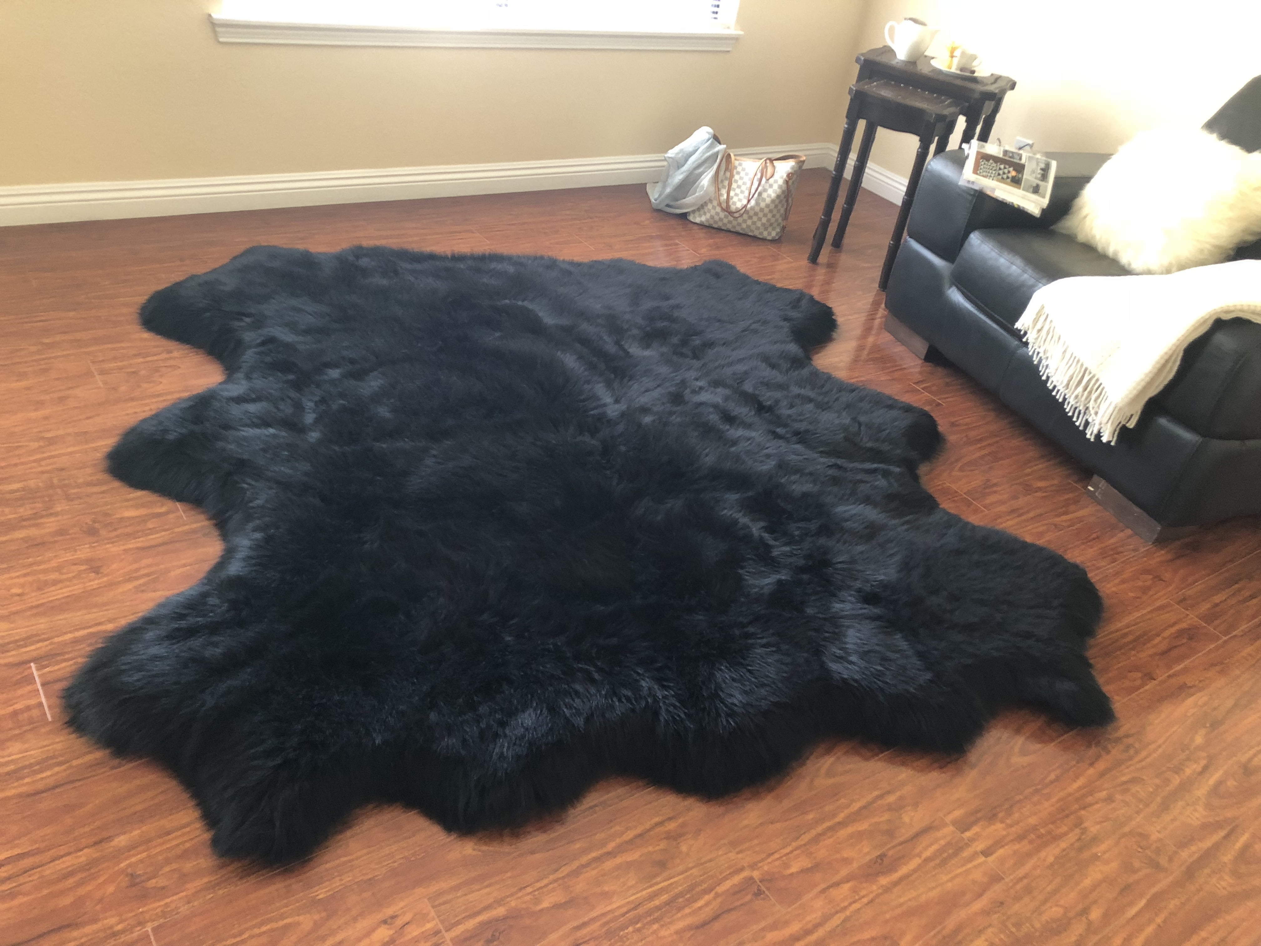 Soho Luxurious Faux Sheepskin Pelt Black Shag Area Rug or Runner ...