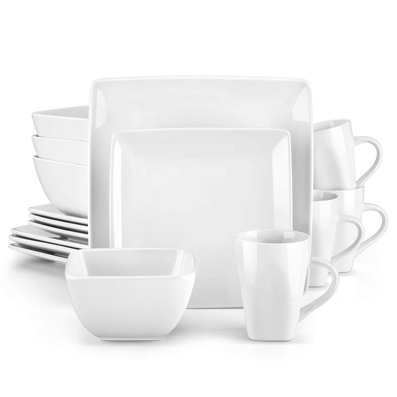 Soho Stoneware Square Dinner Set - Black, 16 Piece Dinnerware Service ...