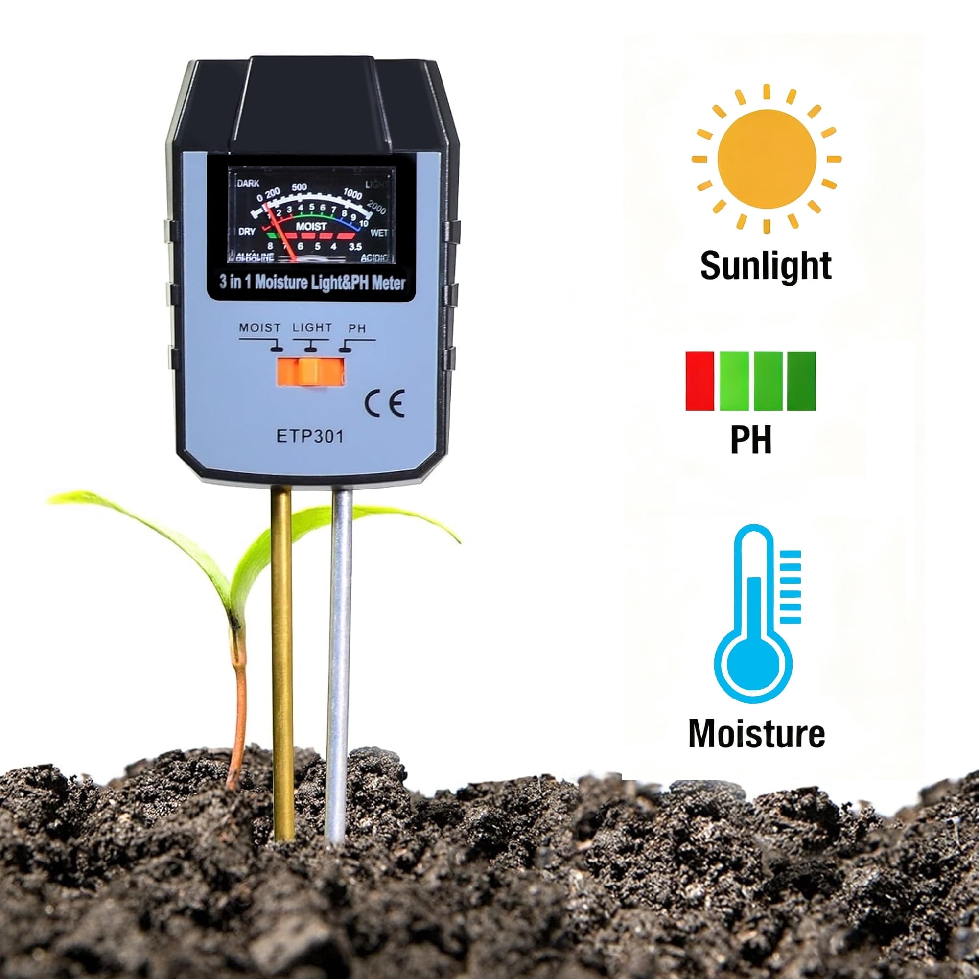 Soil Monitoring Meter, Moisture/Light/PH Tester, Soil Hygrometer Sensor ...