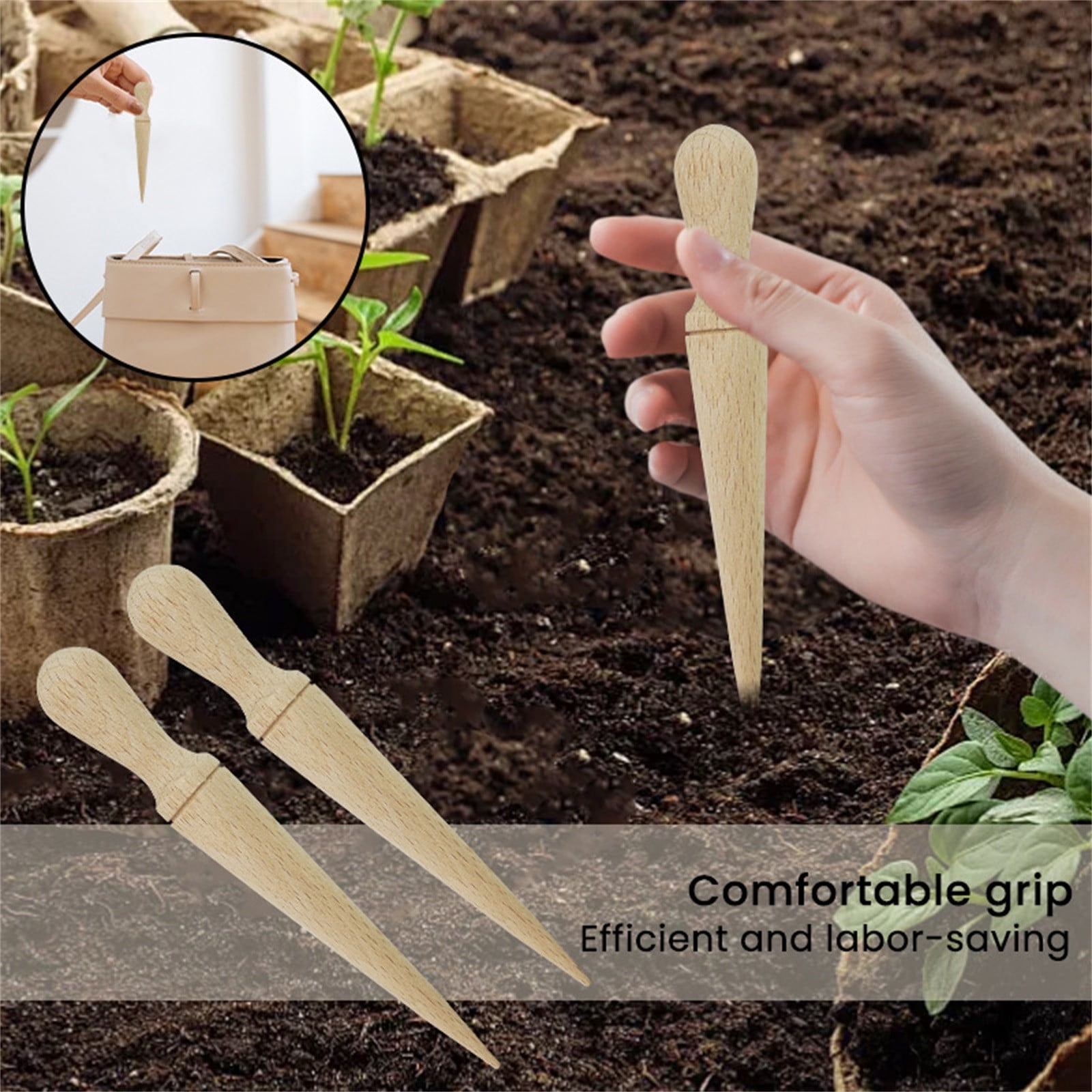Soil Puncher Planting Too Soil Digger Tool Plant Punch Handle Wooden ...