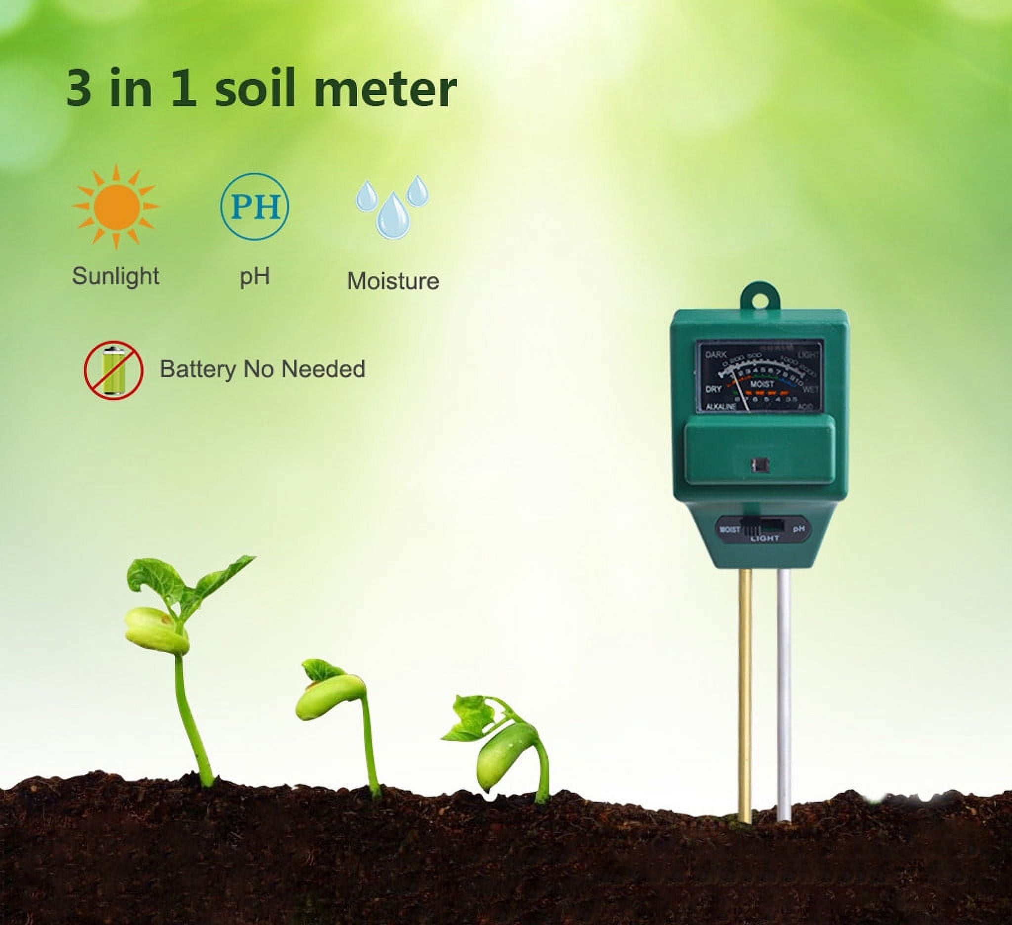 Soil pH Meter 3-in-1 Tester | Moisture, Light, pH Sensor | Double ...