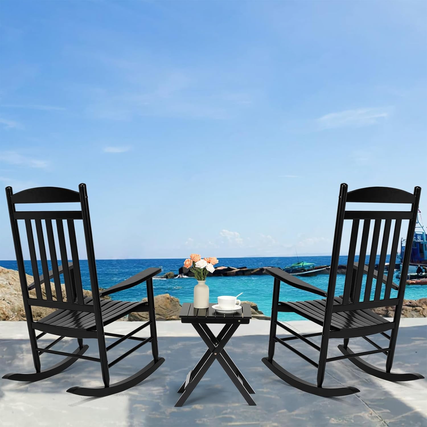 Soild Wood Outdoor Rocking Chair with High Back, Porch Rocking Chairs ...