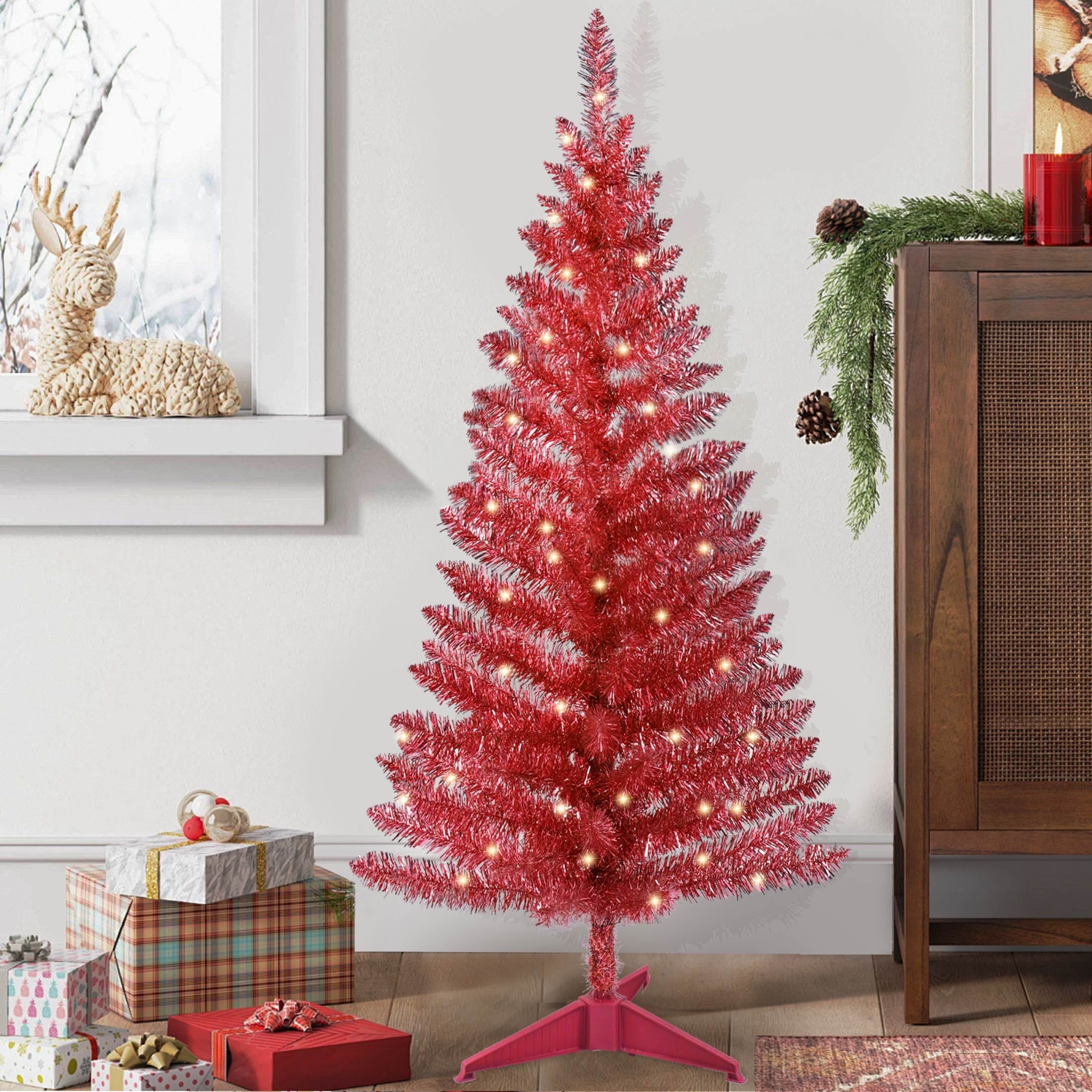 Makeatree 4 ft Red Artificial Christmas Tree with 50 Lights，112 Branch ...