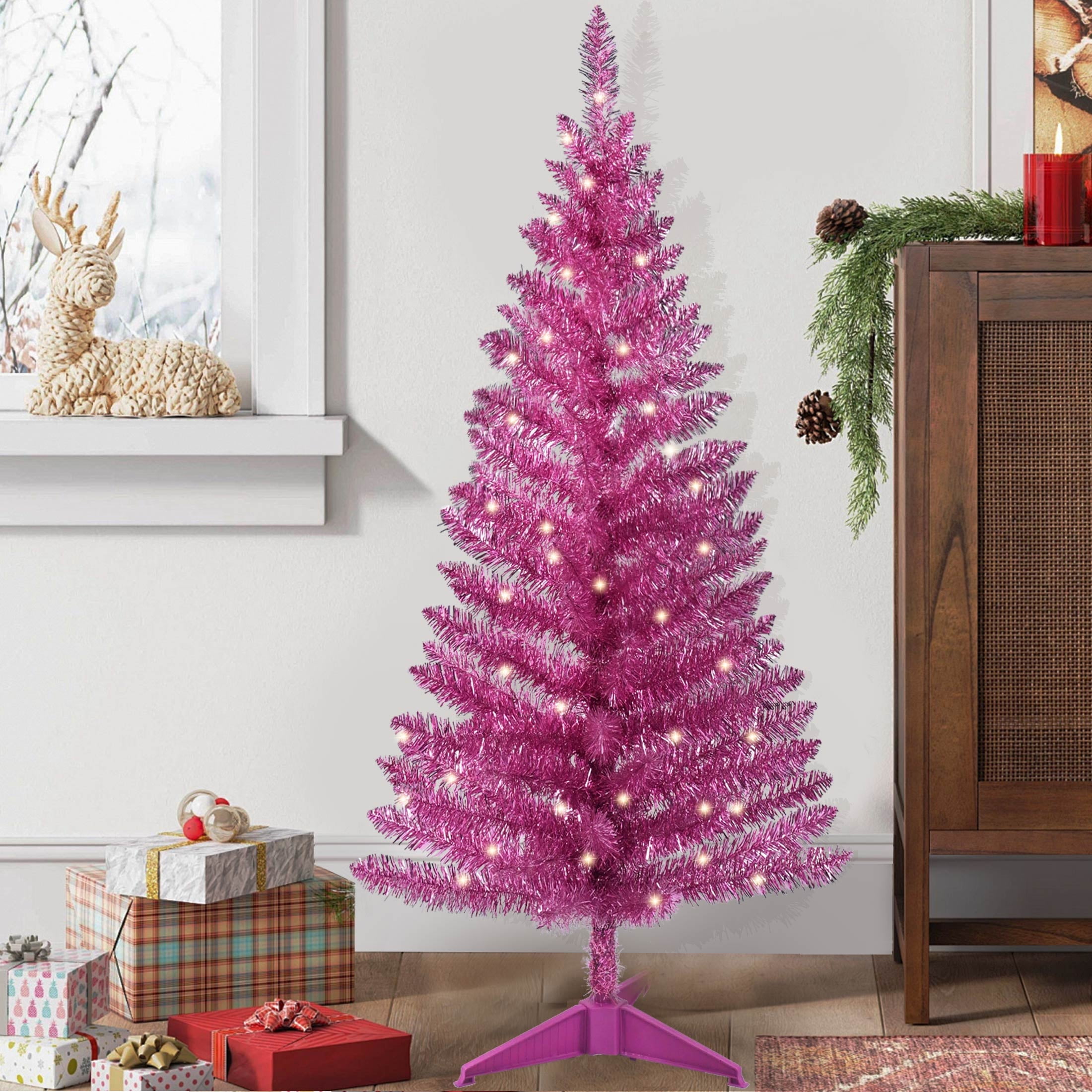 Makeatree 4 ft Pink Artificial Christmas Tree with 50 Lights，112 Branch ...