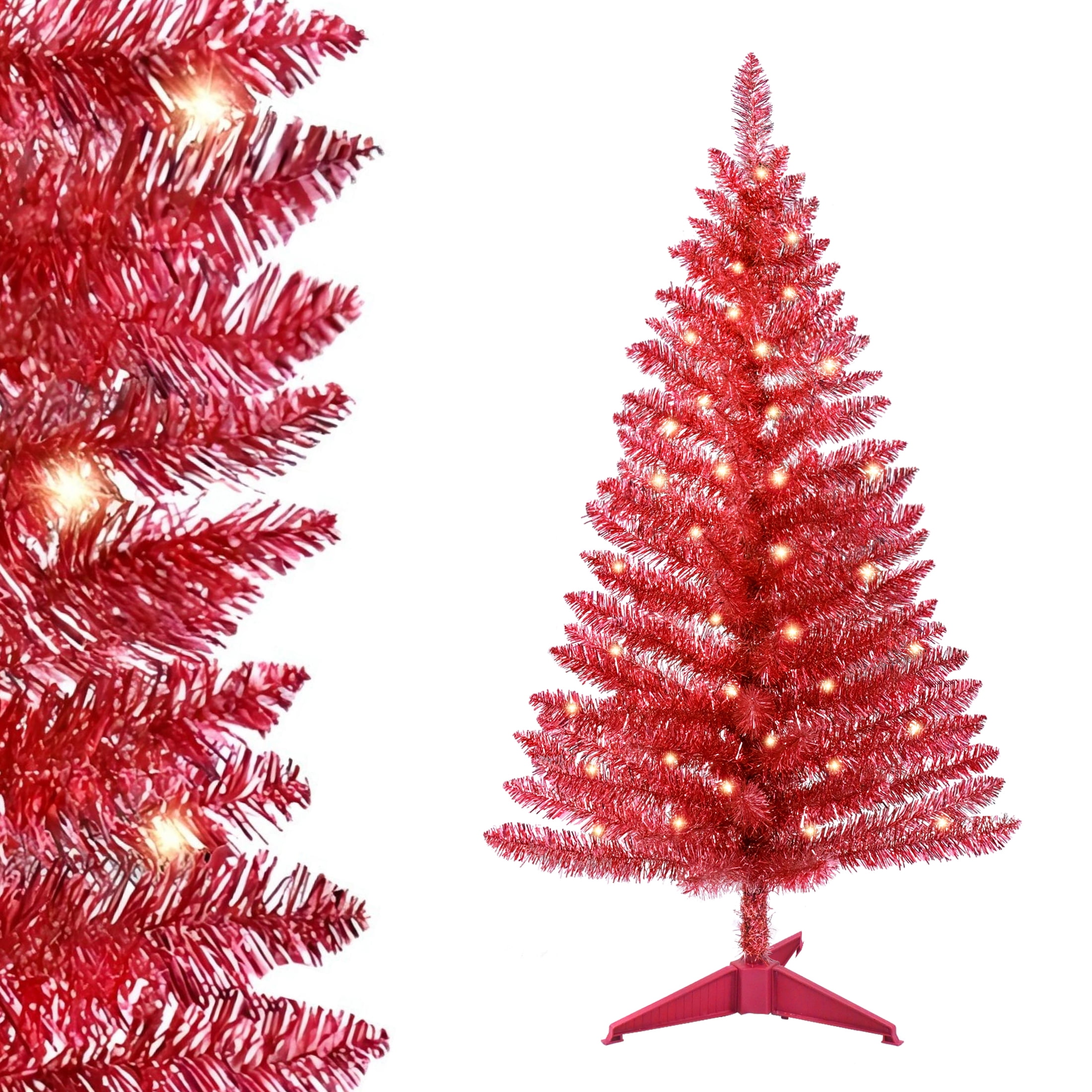 Soilhill 4ft Red Pre-Lit Christmas Tree, Compact Artificial Xmas Tree ...