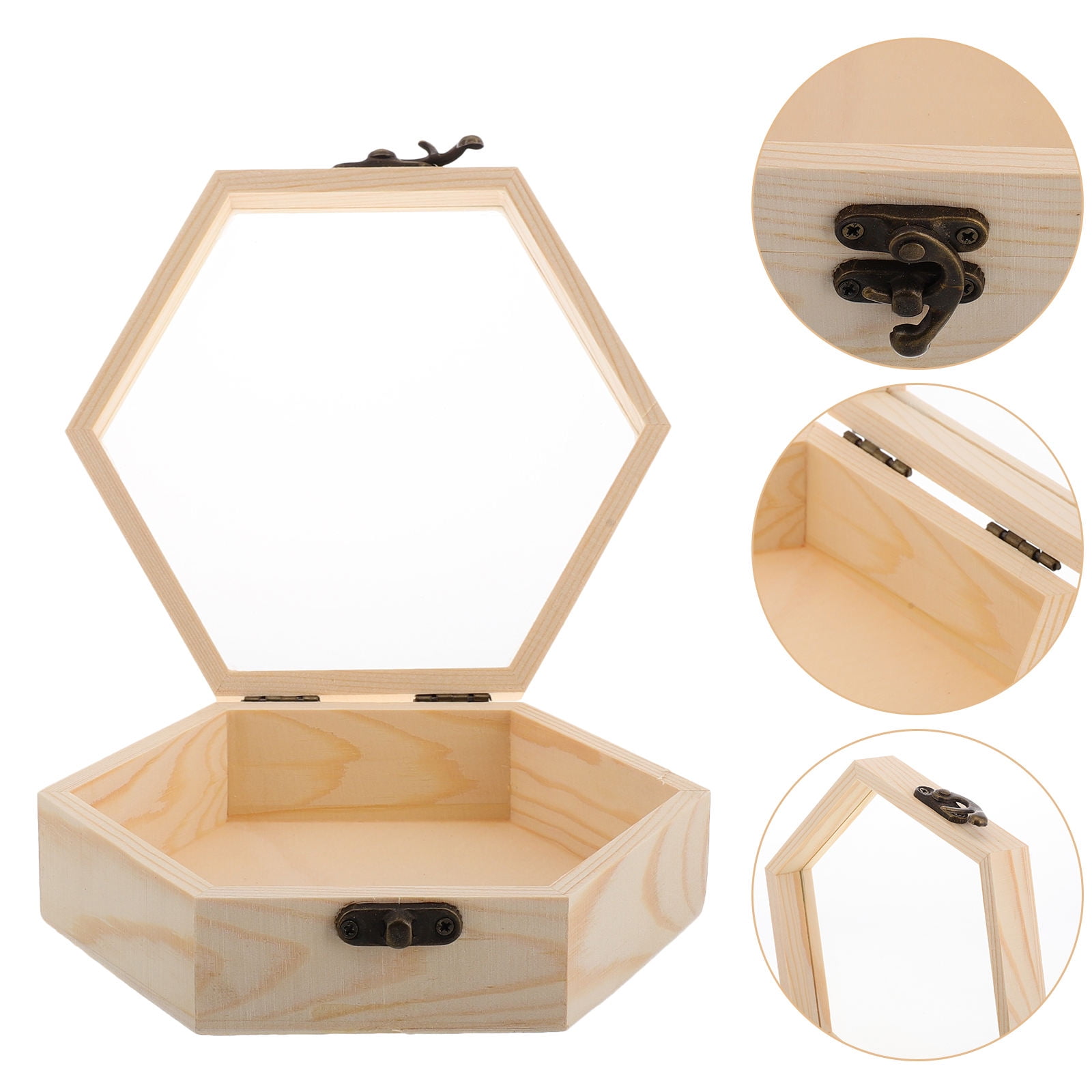 Soimiss Hexagon Pine Wood Storage Box with Glass Lid Light Yellow ...