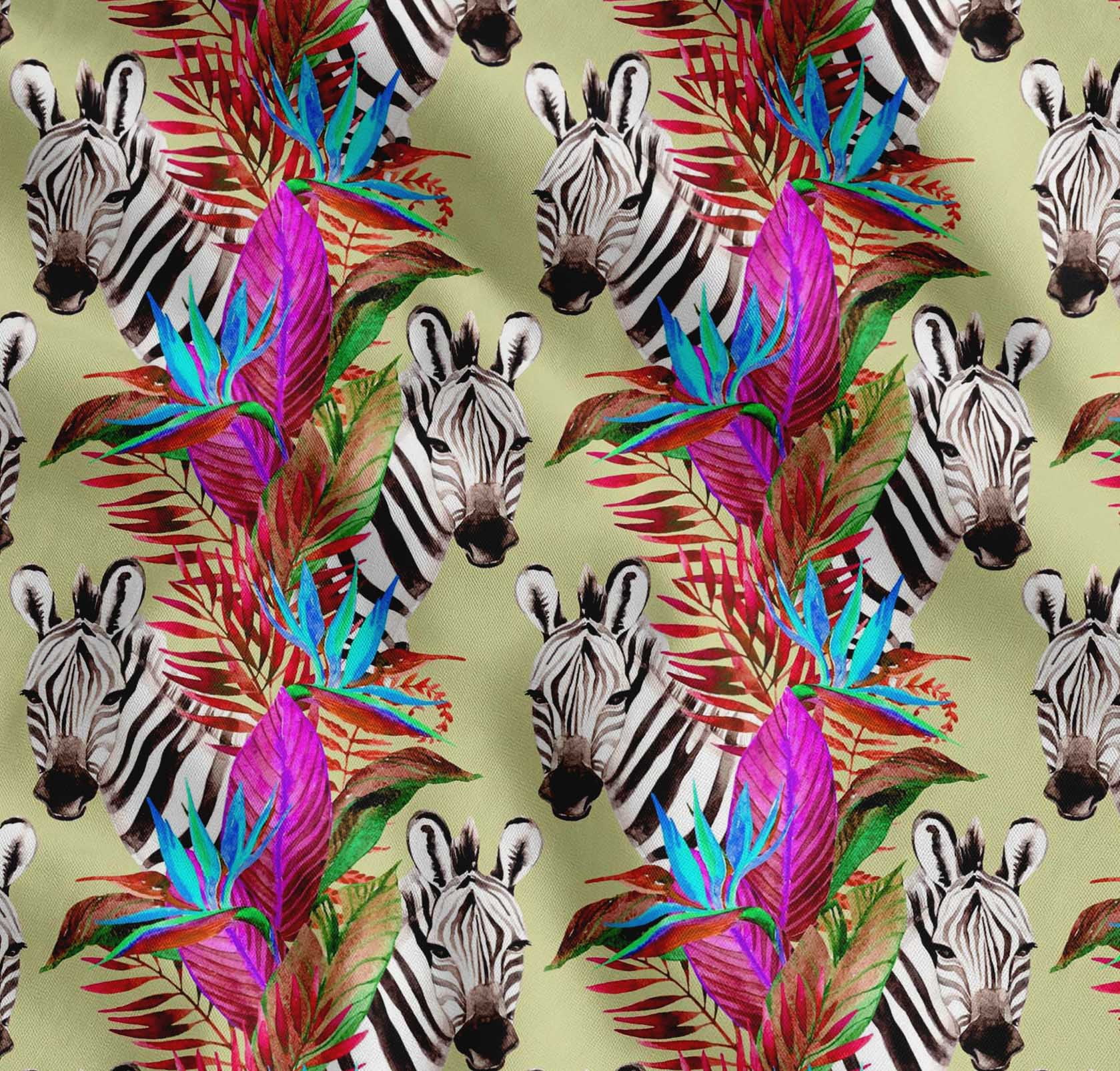 Soimoi Beige Cotton Poplin Fabric Tropical Leaves & Wild Animal Print ...