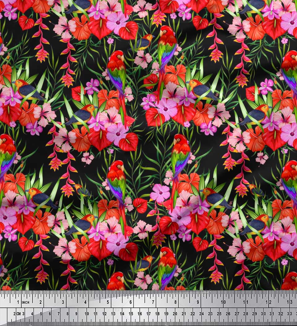 Soimoi Black Cotton Duck Fabric Laceleaf & Macaw Parrot Bird Printed ...