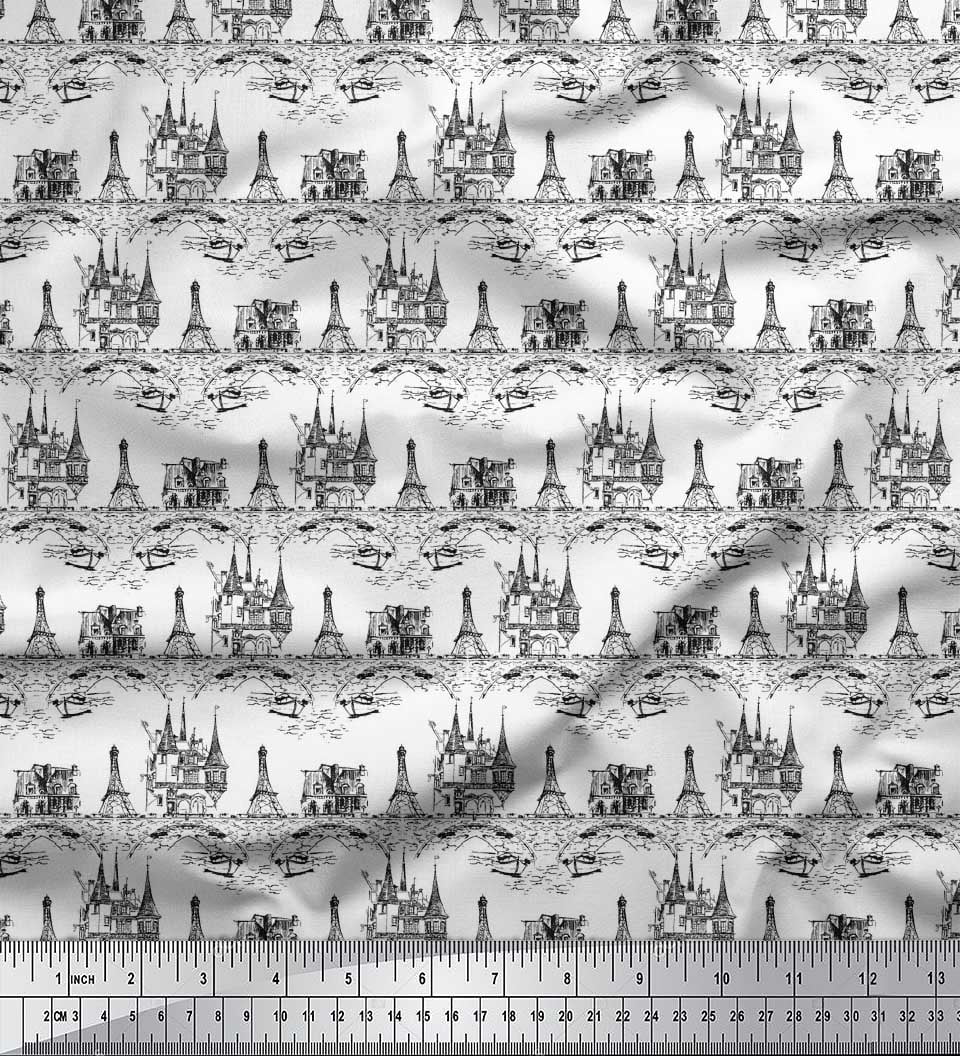 Soimoi Black Cotton Voile Fabric Bridge & Eiffel Tower Architectural ...