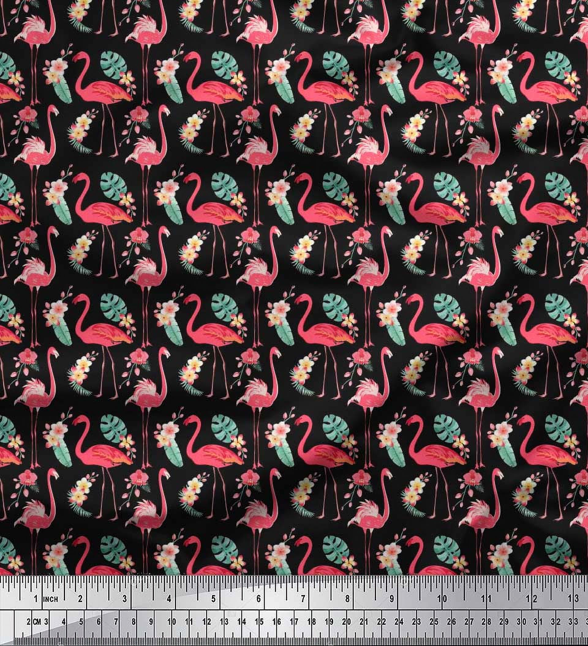 Soimoi Black Rayon Fabric Monstera Leaves,Peach Floral & Flamingo Bird ...