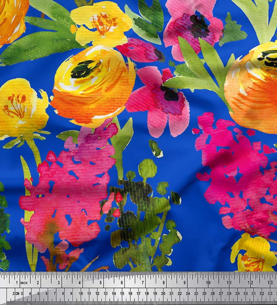 Soimoi Blue Cotton Duck Fabric Leaves & Floral Print Fabric by Yard 42 ...